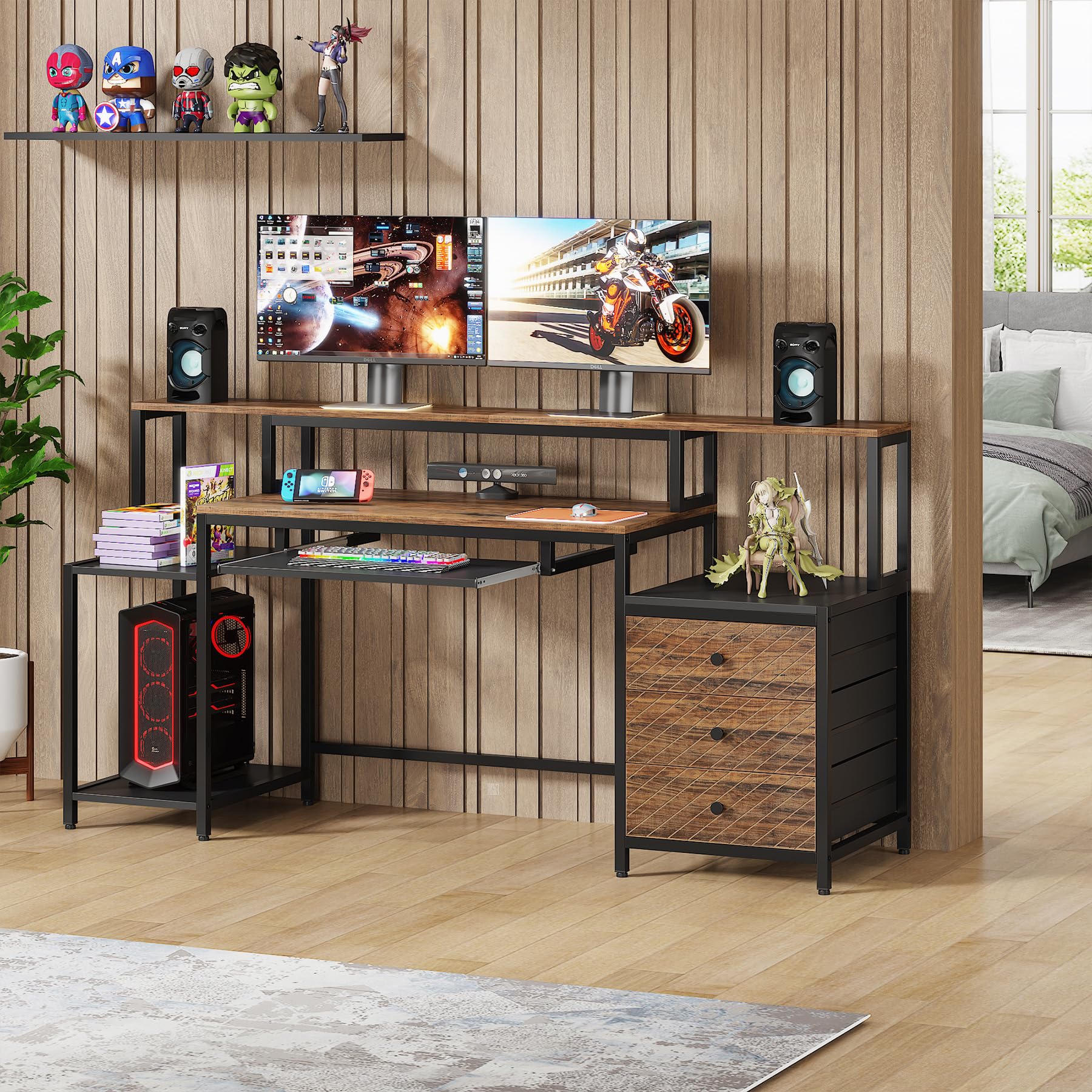 Tribesigns Computer Desk with 3 Drawers, 63 inch Home Office Desk with Monitor Shelf, Industrial Reversible Long PC Gaming Desk with Keyboard Tray, Study Writing Table Workstation, Gray