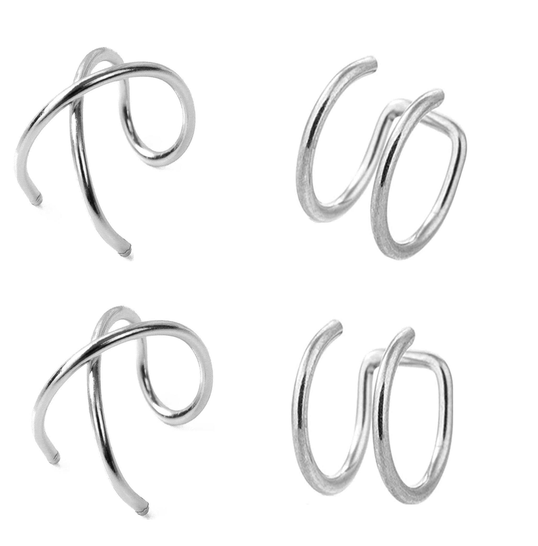 Sterling 925 Silver 4pcs No Piercing Earcuff (2 pcs Double line ,2 pcs Criss Cross ) Simple Gold Plated Fake Helix Ear Cuff Cartilage Earring Color Siver