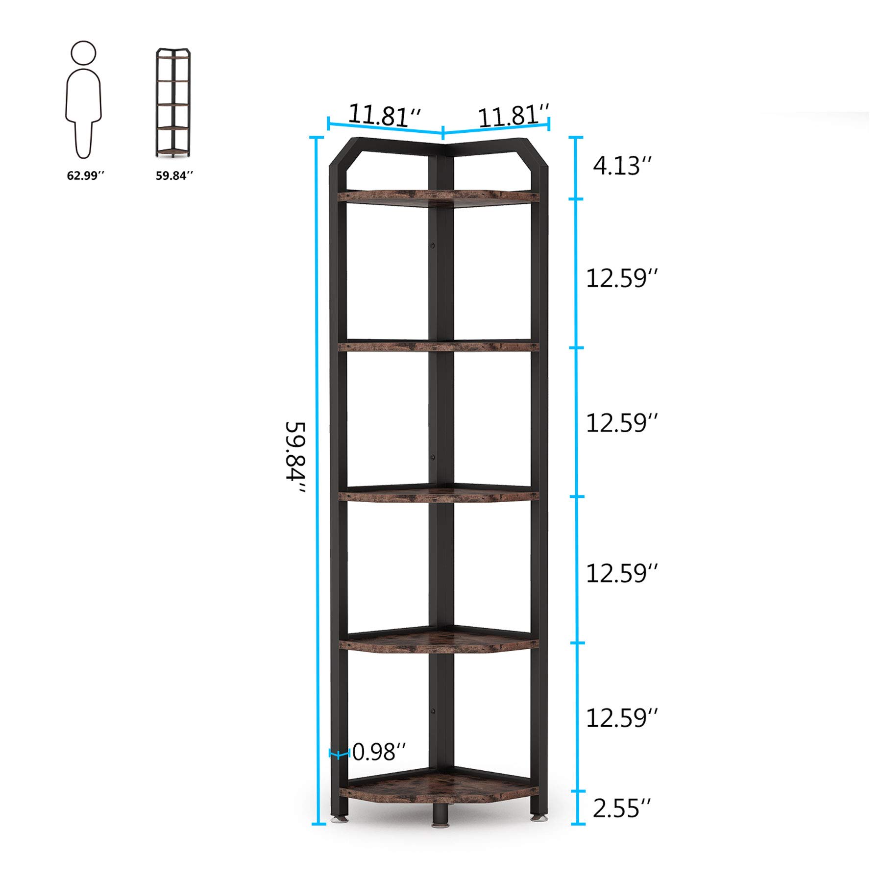 Tribesigns Corner Shelf, 5 Tier Corner Bookshelf and Bookcase Rustic Corner Storage Shelving Unit Indoor Plant Stand for Living Room, Home Office, Small Space (Brown)