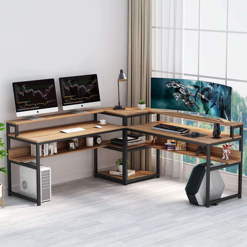 Tribesigns L-Shaped Computer Desk with Storage Shelves, Modern Large Corner Computer Desk Study Writing Workstation with Monitor Riser & 3-Tier Corner Shelf for Home Office Use (Walnut)