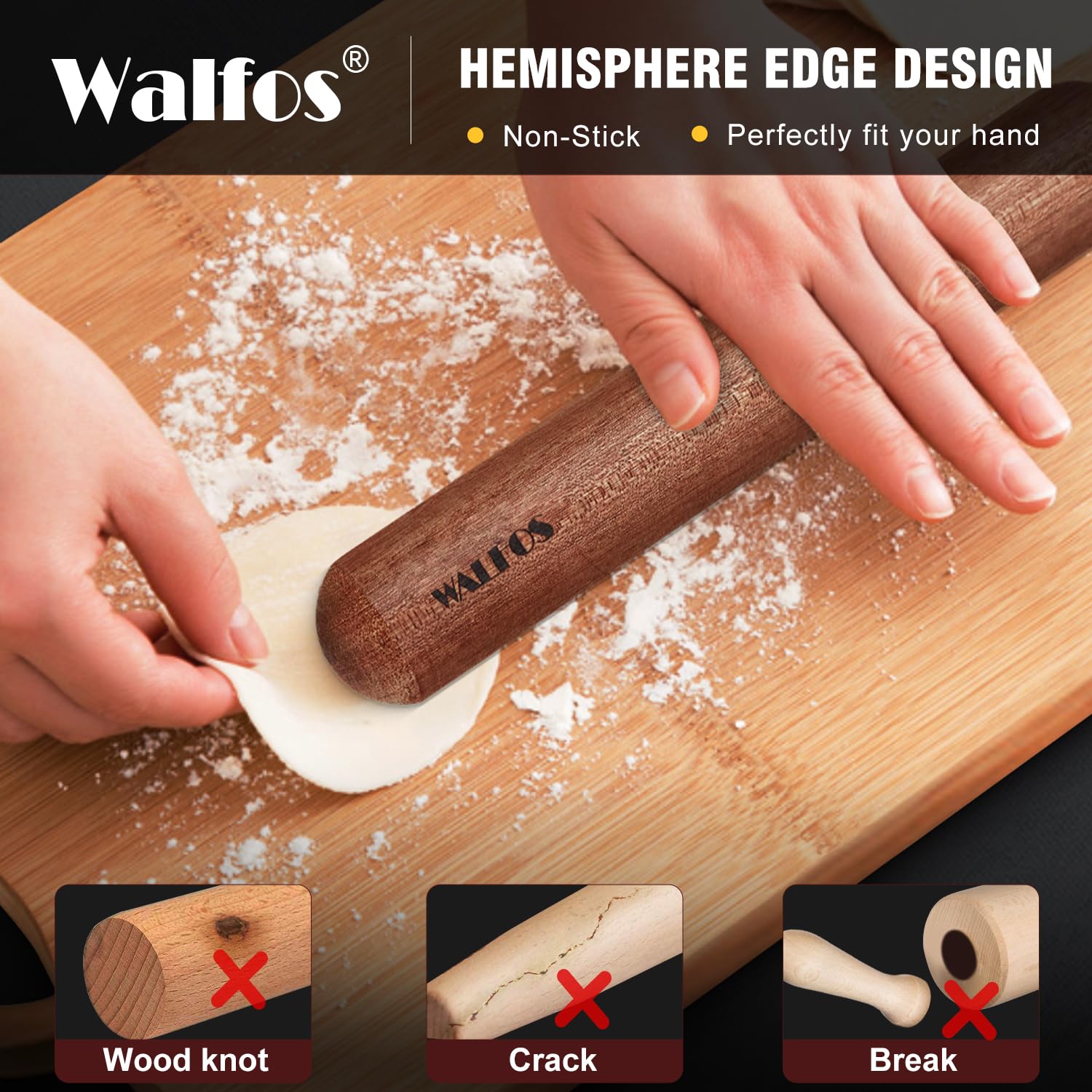 Walfos Mini Rolling Pin Set - Natural Wooden Rolling Pins, Baking Dough Roller for Pizza, Pie, Pasta, Bread, Pastry, No Coating (8inch)