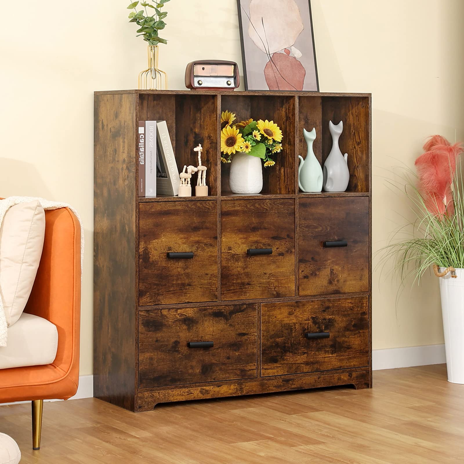 usikey Large Storage Cabinet with 5 Drawers, Wooden of Floor Cabinet with 6 Compartments, Living Room, Entryway, Rustic Brown