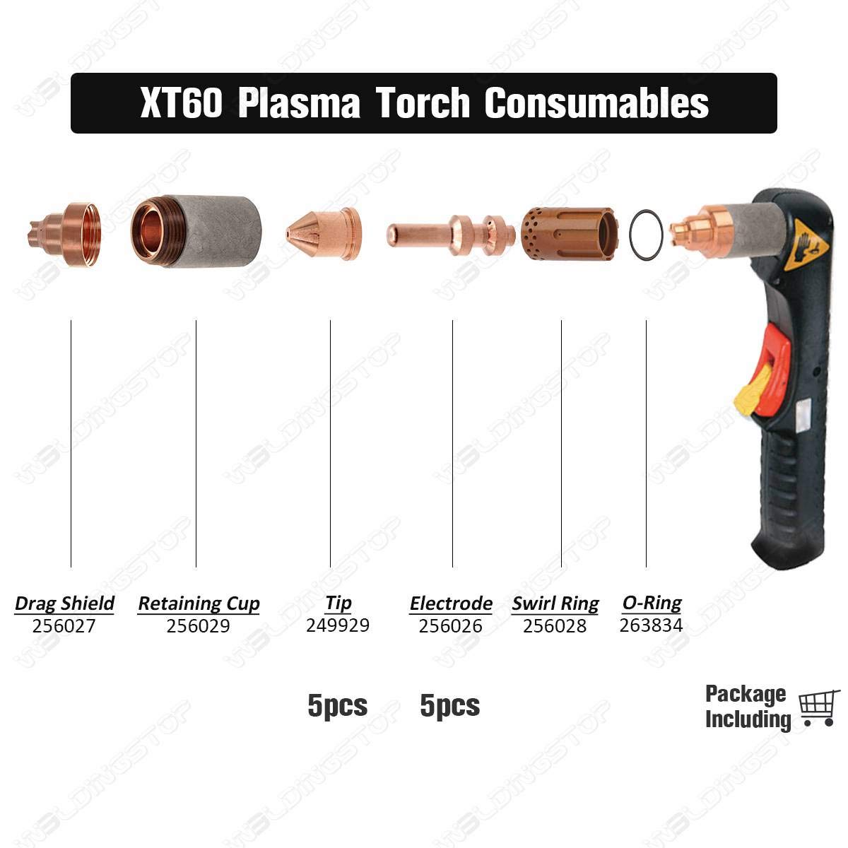 WeldingStop PK-10 Electrode 256026 Tip 249929 for Miller Plasma Cutter Spectrum 875 Auto-Line Cutter XT60 Torch 60A