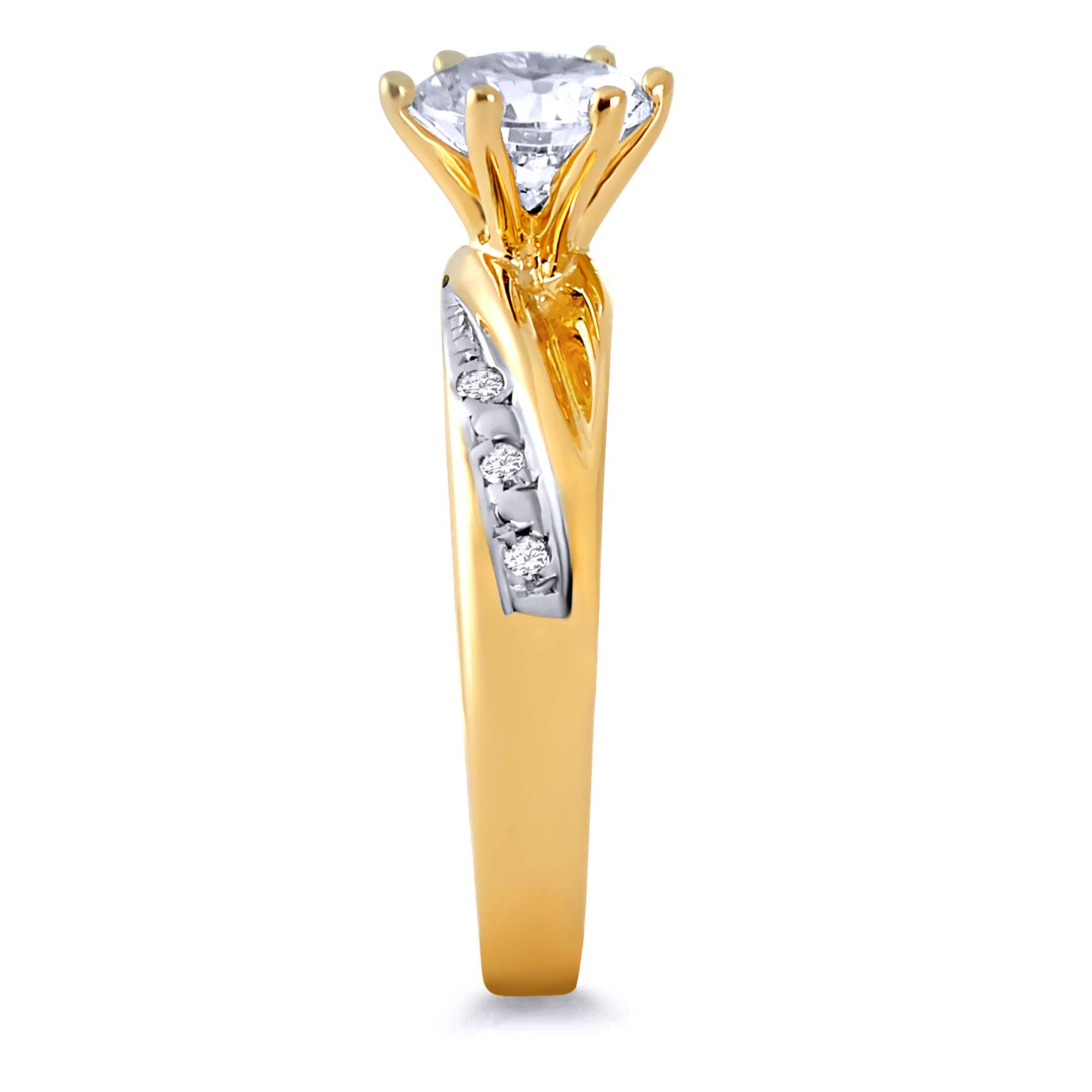Wellingsale Ladies Solid 14k Two 2 Tone White and Yellow Gold Polished CZ Cubic Zirconia Round Cut Engagement Ring with Side Stones and Wedding Band Bridal Set - Size 8