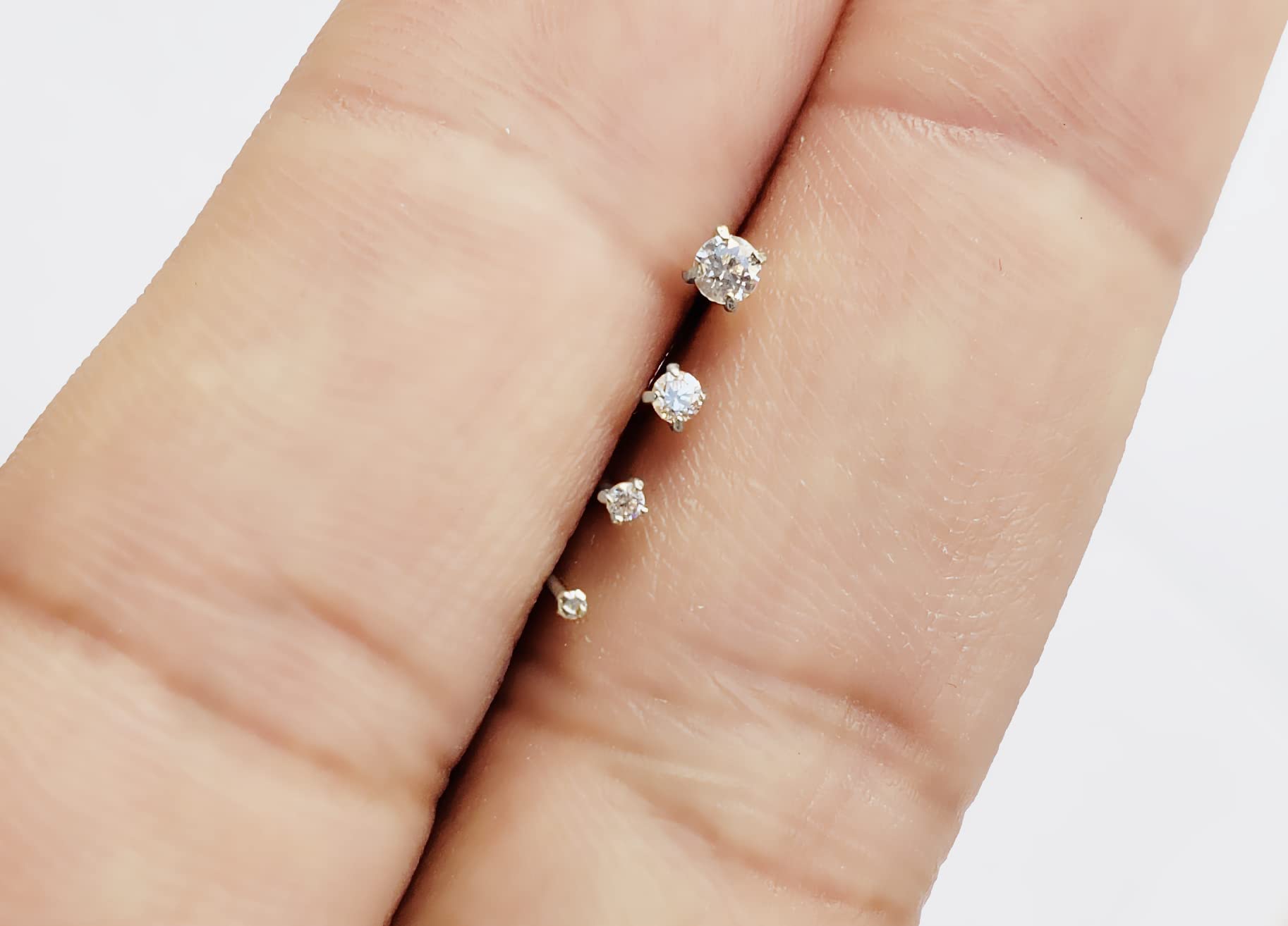 Solid 14Kt Gold Nose Ring, 22G L-Shaped Nose Stud, 14kt Yellow Gold or 14kt White Gold Nose Ring Prong Set CZ Accent-WG2.5mm