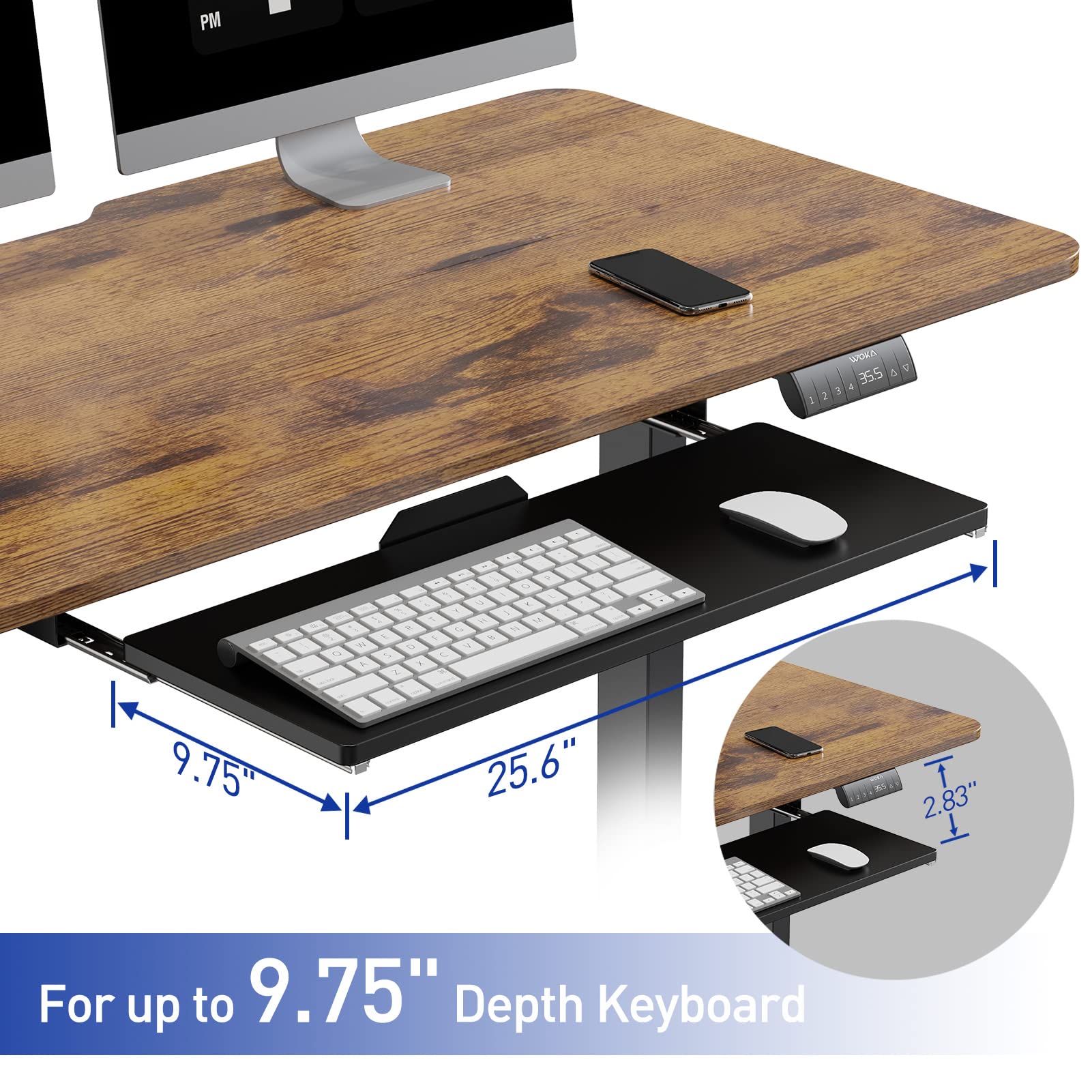 WOKA Electric Standing Desk Adjustable Height, 48 x 24 Inches Stand up Desk with Keyboard Tray, Sit Stand Desk with Memory Controller for Home Office, Motorized Desk with Splice Board, Rustic Brown