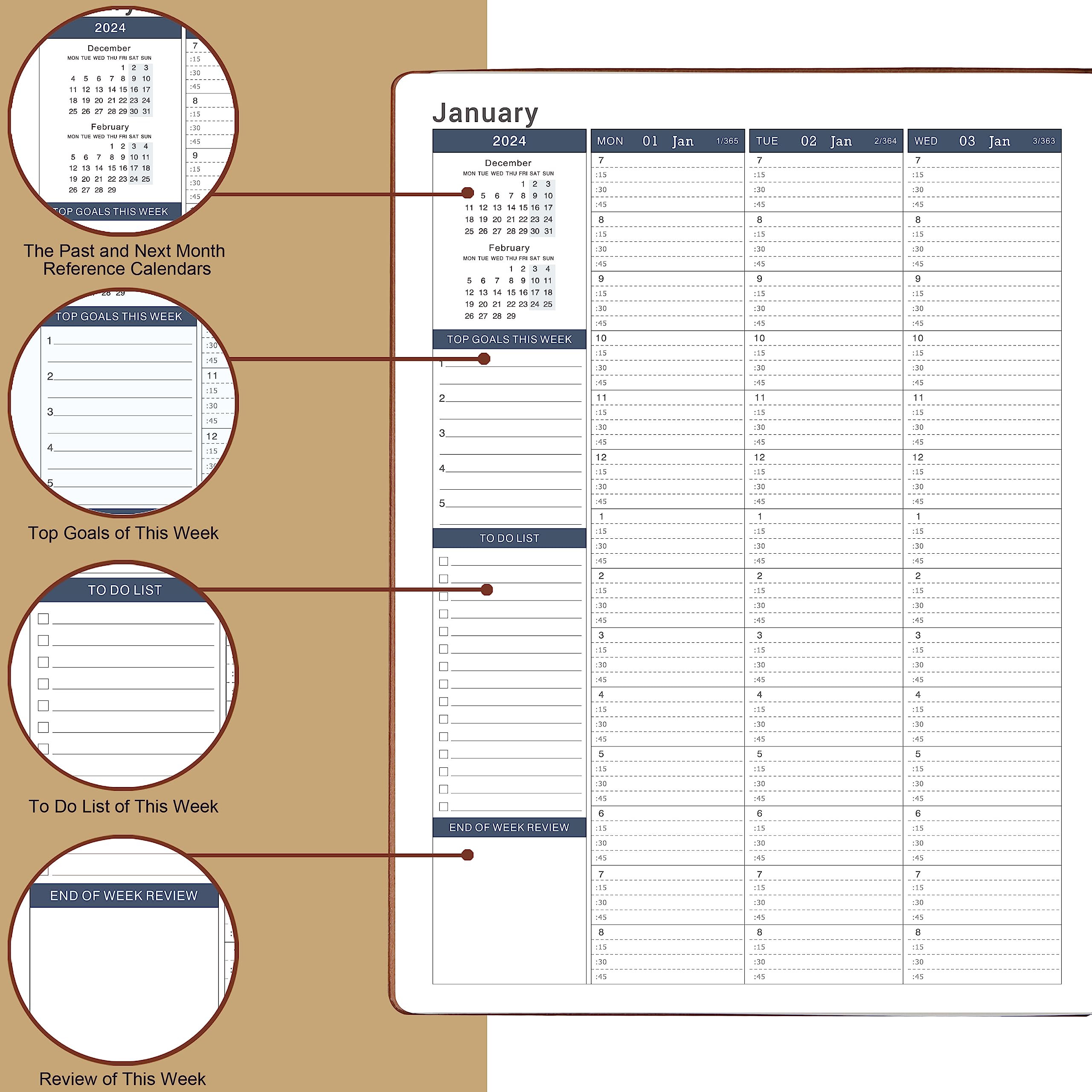 Weekly Appointment Book 2024 - Daily Hourly Planner 2024 with 15-Minute Interval, Jan 2024 - Dec 2024, 8.5" x 11", Achieve Your Goals & Improve Productivity - Brwon