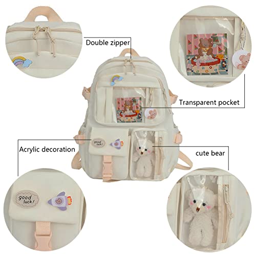 Votachin Kawaii Backpack Large Capacity Aesthetic Backpack Cute Casual Backpack with Decorative Pendant Kawaii Laptop Bag-beige