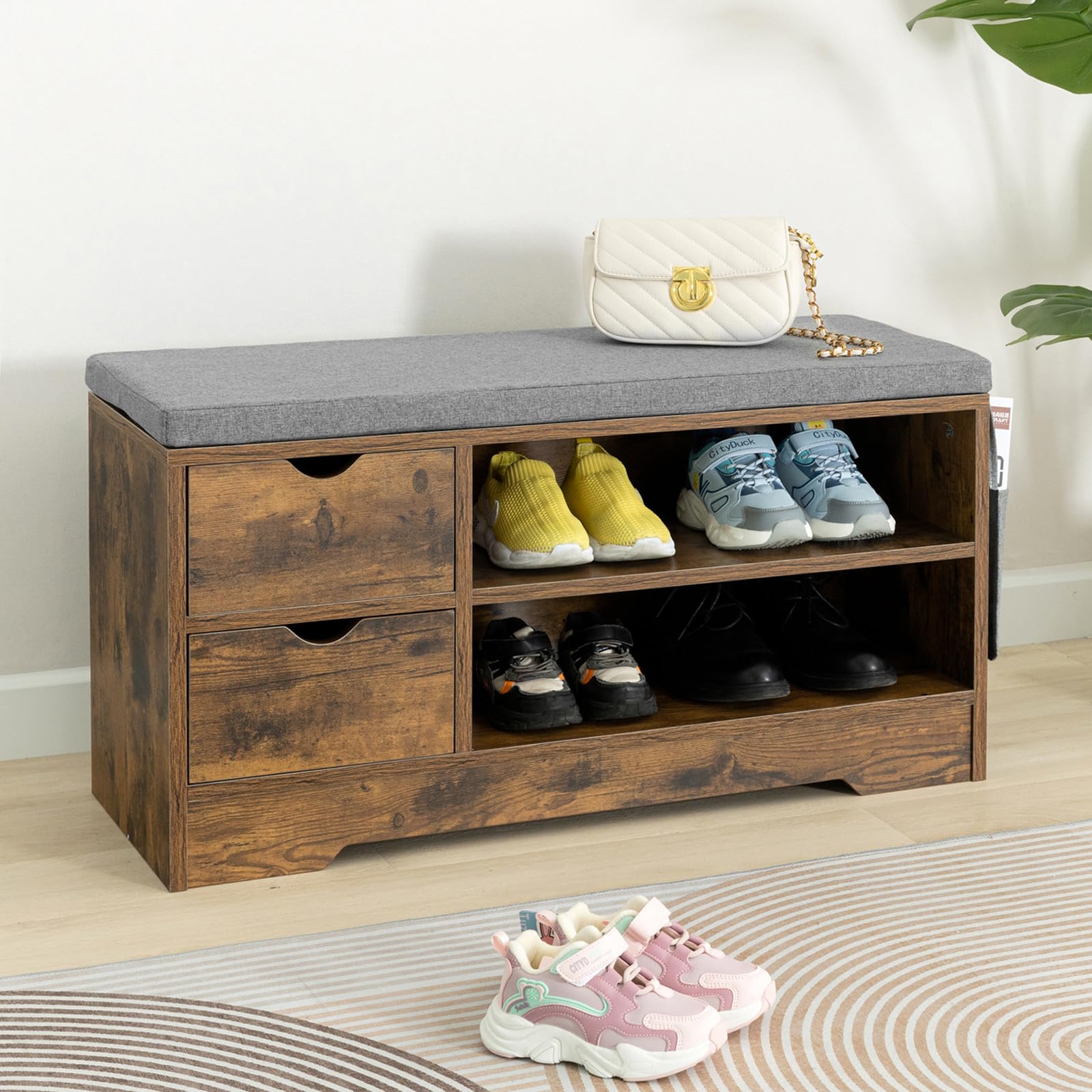 WelFurGeer Shoe Bench with Padded Cushion, Shoe Shelf 1 with Drawer, Shoe Storage Bench Entryway with Storage, Shoe Rack with 3 Compartments, for Entryway, Hallway, White + Gray