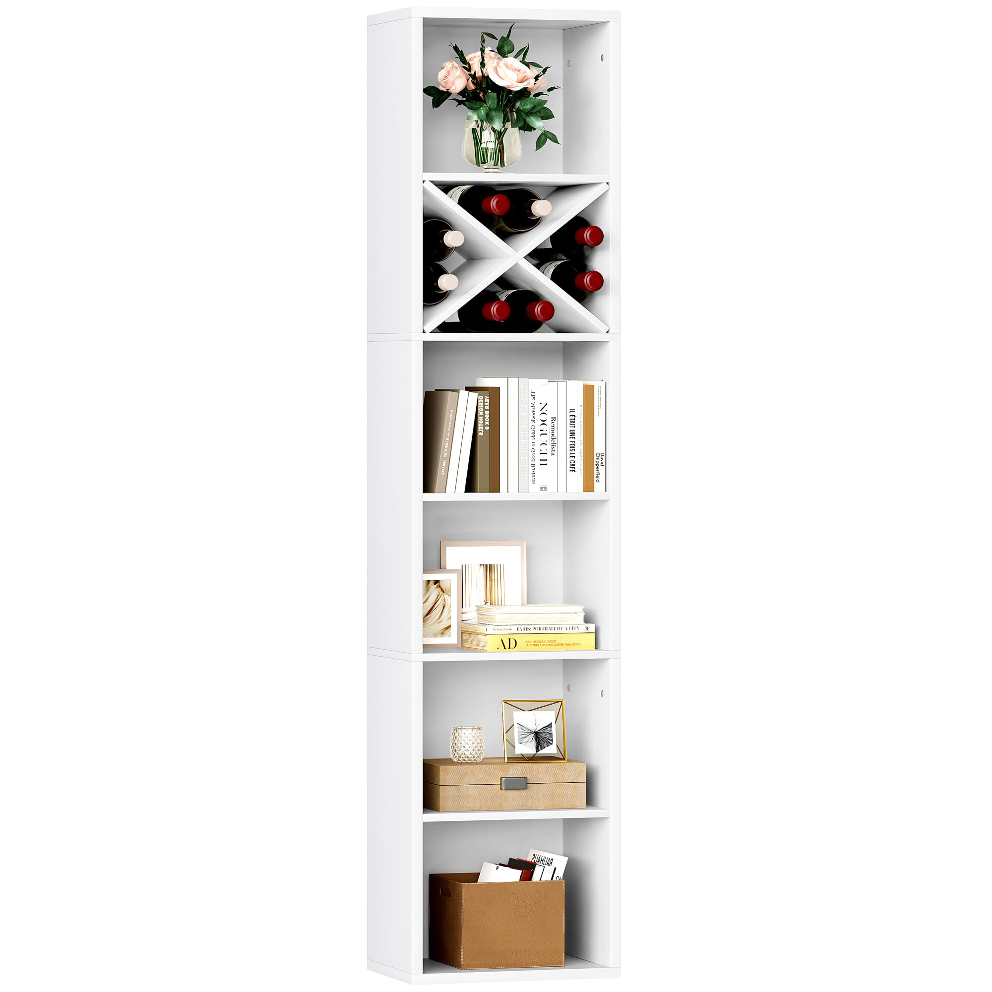 YITAHOME 70.9" Tall Narrow Bookcase, Modern Open Wooden Bookshelf with Wine Rack, 6 Tier Cube Display Shelves for Living Room/Kitchen/Bedroom/Dining Room, White