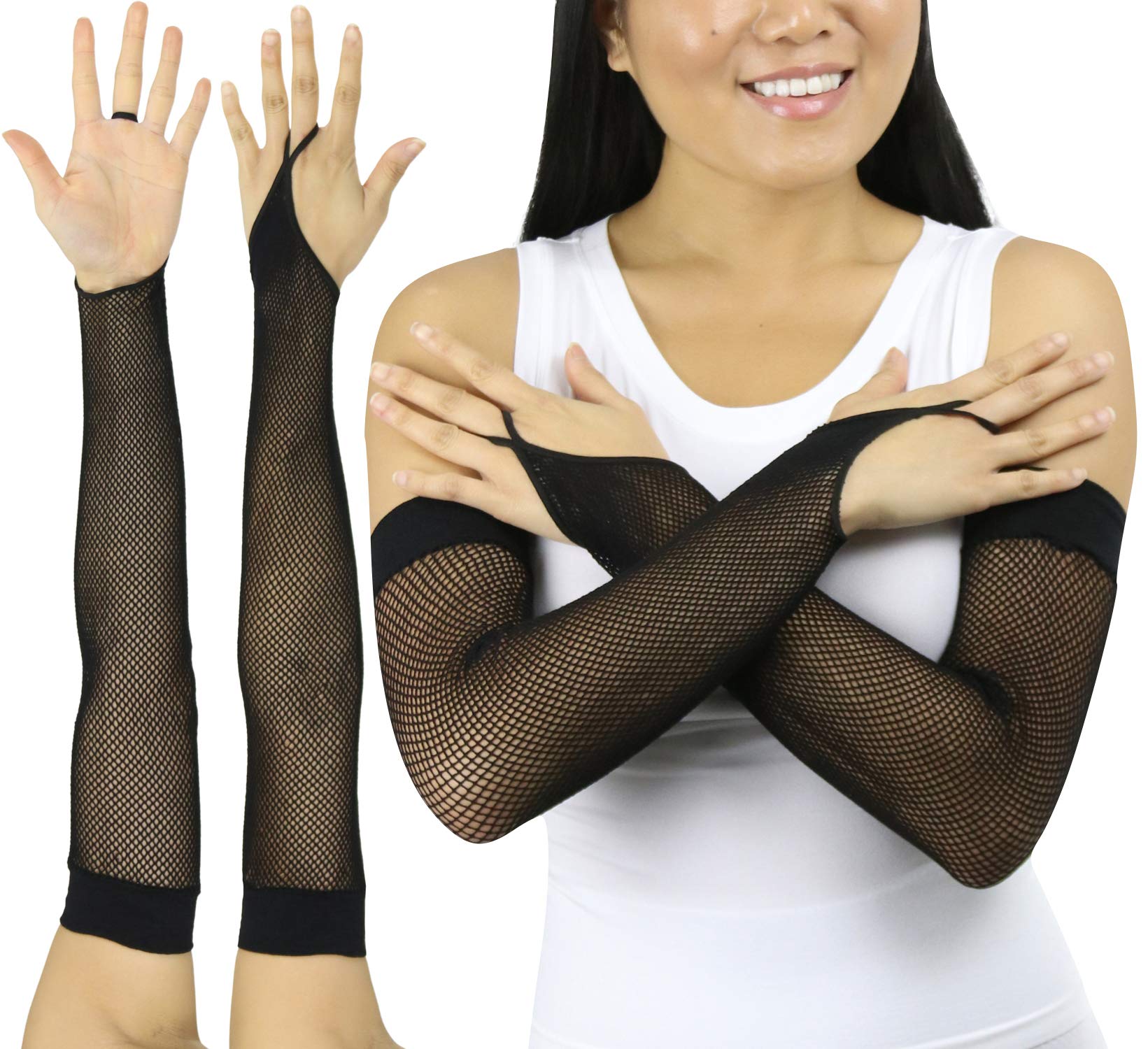 ToBeInStyle Women’s Fashion Fishnet Finger Loop Long Length Novelty Gloves - Black