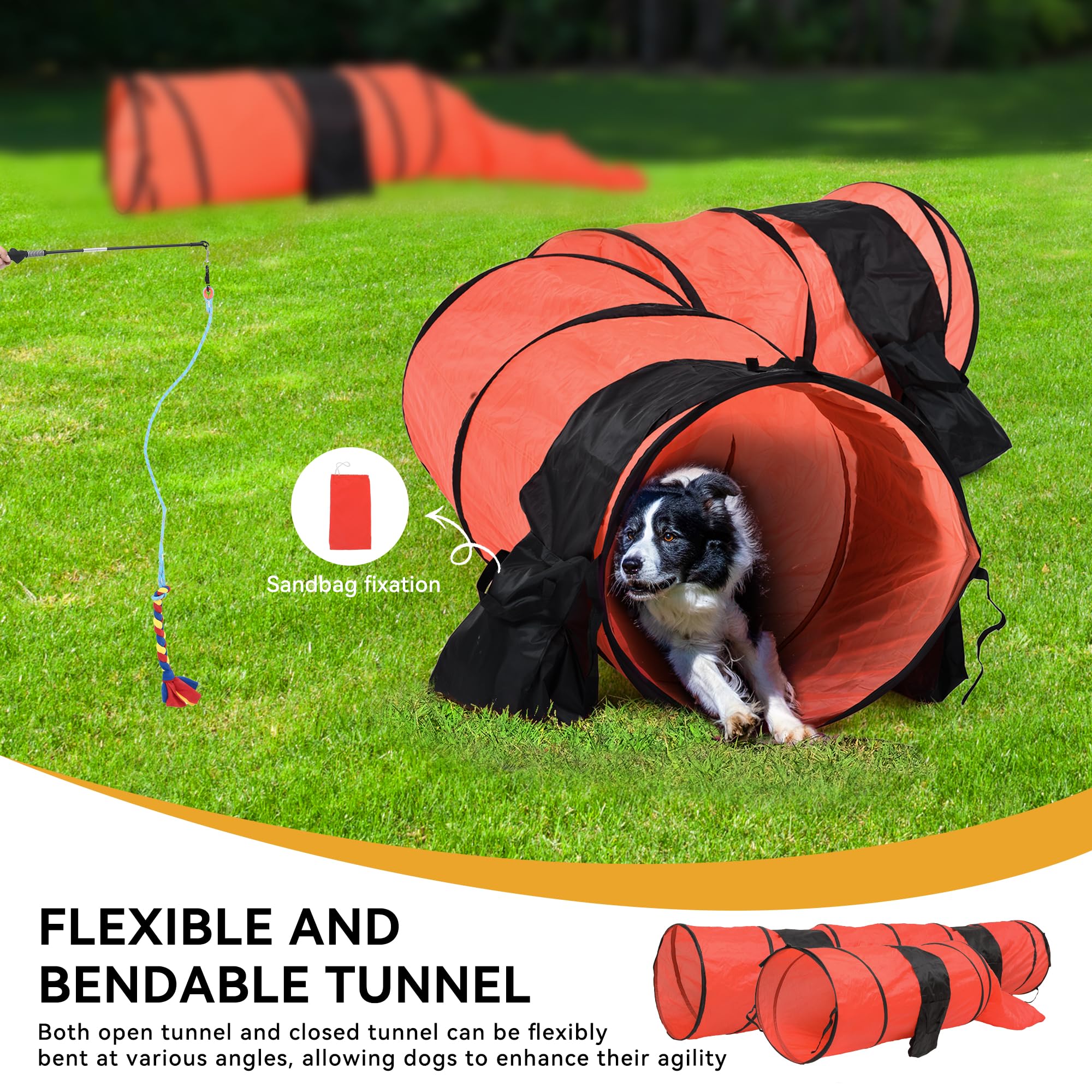 YITAHOME Dog Agility Equipments, Includes Flirt Pole Toy, 3 Flying Discs, 2 Agility Tunnel, 3 Jumps, 6 Weave Poles, Pause Box,Agility Course Set for Backyard, Indoor, Outdoor