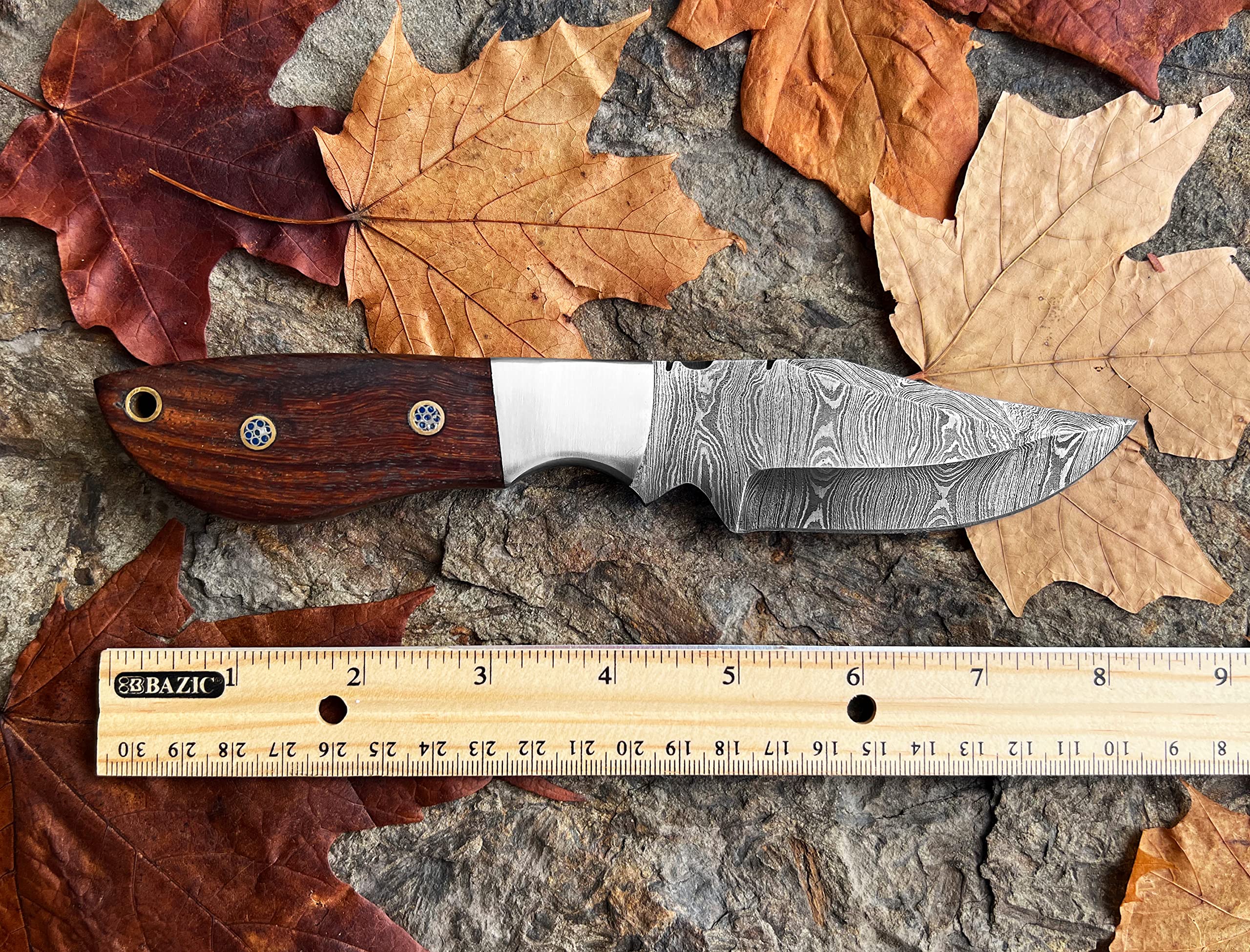 WINTERFELL Personalized Fixed Blade Damascus Hunting Knife with Sheath, Engraved Custom Gifts For Hunter, Customized Gift For Husband, Dad, Son, Unique Father's Day Gift (Brown)