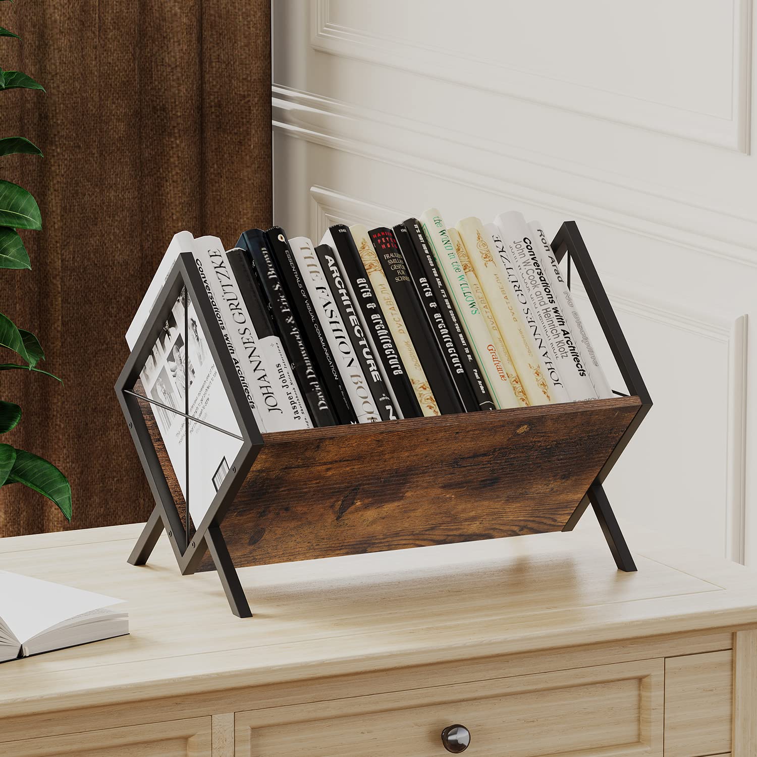 YINMIT Vinyl Record Holder, 80-100 LP Vinyl Record Storage Rack, Quick Assembly Vinyl Record Display, Retro Style Organizer for Magazine, Book, Files, Albums