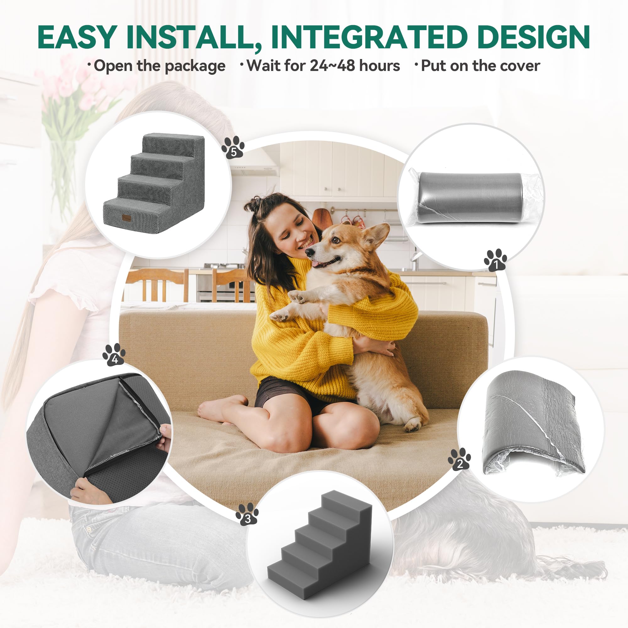 YITAHOME Dog Stairs, Pet Stairs for Small Dog, Pet Steps for Bed and Couch with Support Boards, Non-Slip Balanced Dog Steps for Injured and Elderly Pets, 3 Steps - Gray