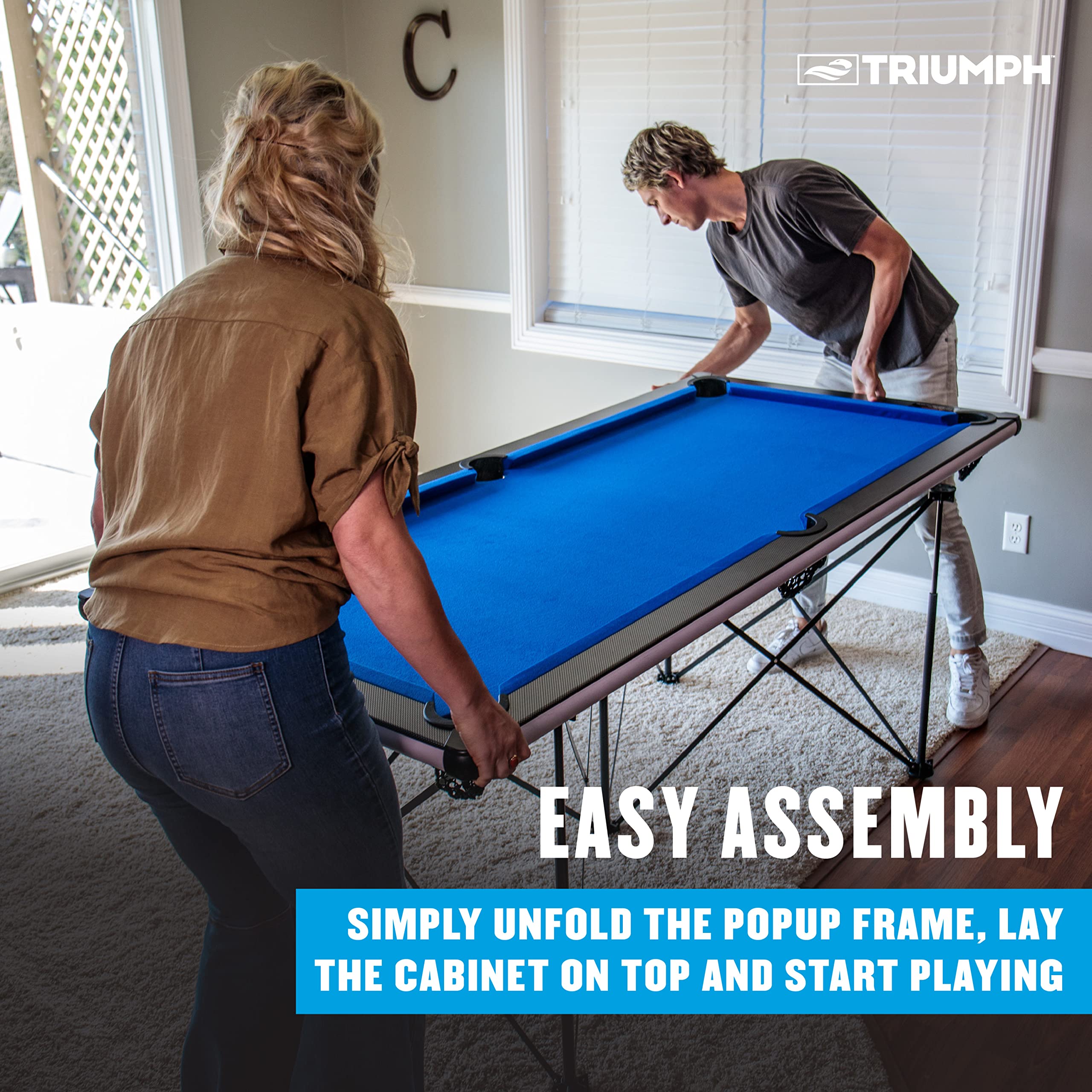 Triumph Sports 6β Portable Pop Up Folding Pool/Billiard Table with Folding Legs, Instant Assembly and Accessories Included, Blue, 72" (45-6051W)