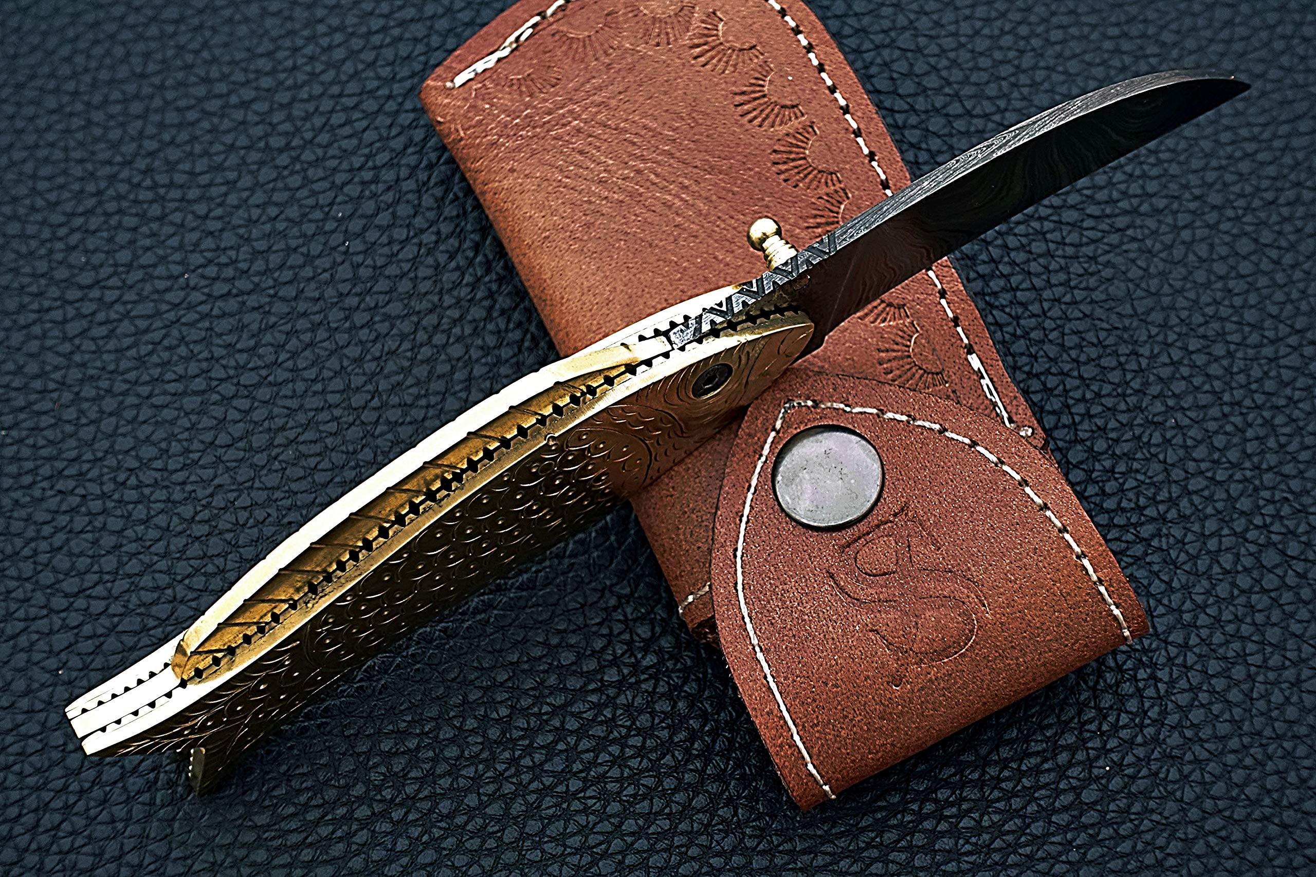 Smart & Sharp Custom Handmade Damascus Steel Fish Knife/Folding Knife/Pocket Knife SS-17370(Brass Engraved Handle) (brass)