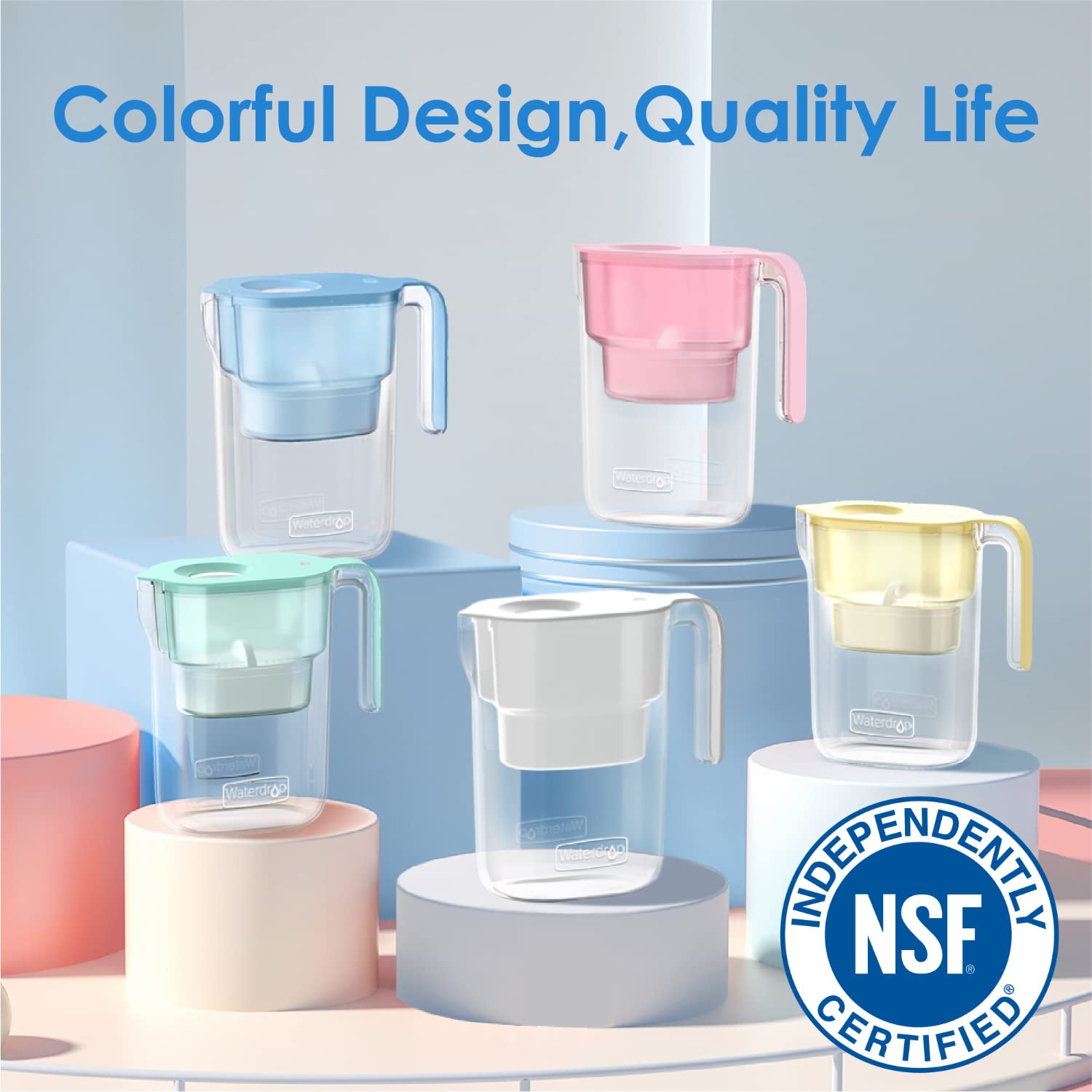 Waterdrop 200-Gallon Long-Life Elfin 7-Cup Water Filter Pitcher with 3 Replacement Filter, NSF Certified, Reduces Chlorine, BPA Free, Blue, 3Pack