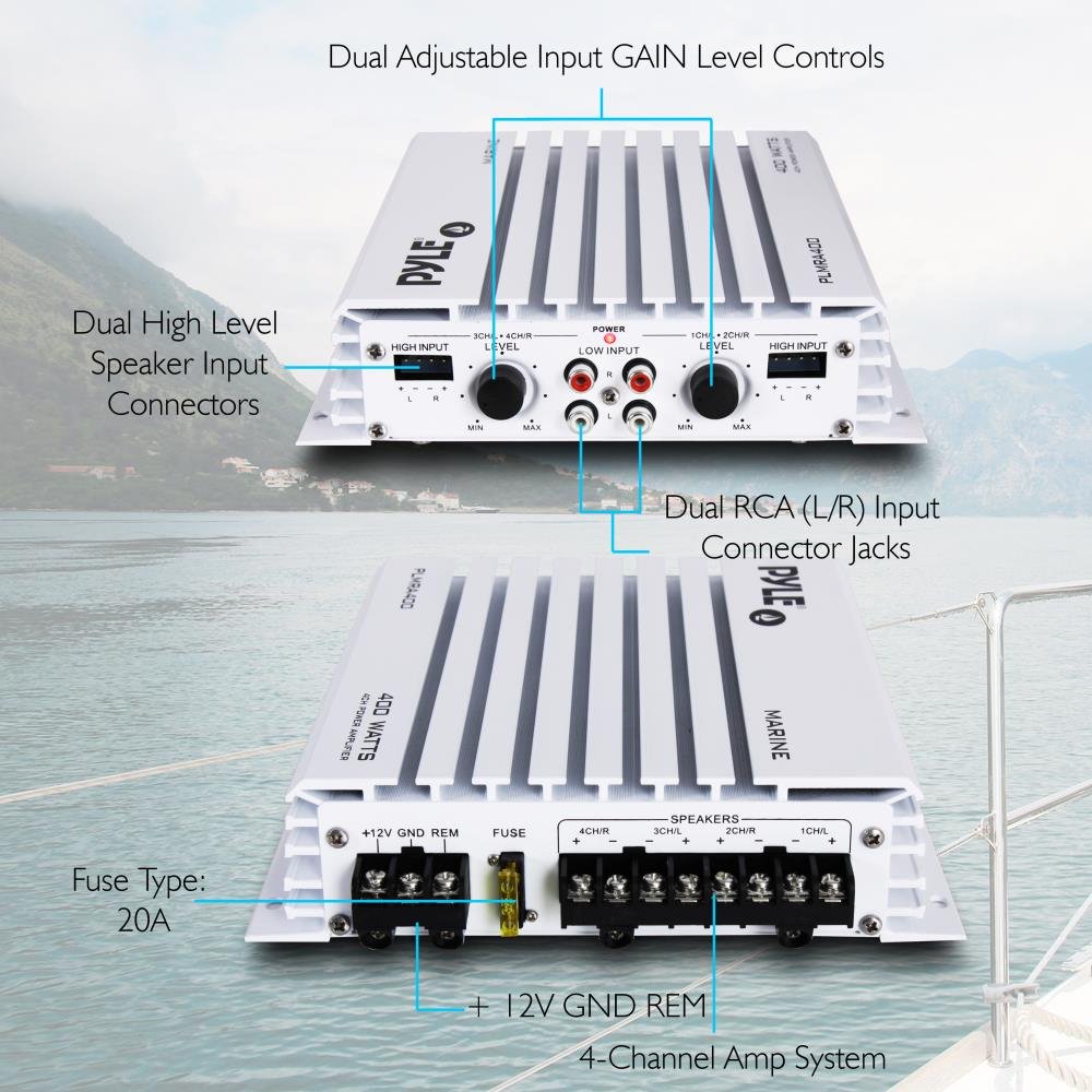 Pyle Hydra Marine Amplifier - Upgraded Elite Series 400 Watt 4 Channel Audio Amplifier - Waterproof, 12 volt, Dual MOSFET Power Supply, GAIN Level Controls, RCA Stereo Input & LED Indicator (PLMRA400)