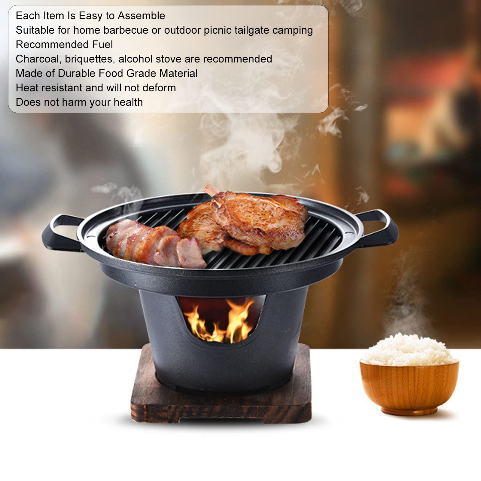 Srum Mini Bbq Grill, Japanese Non Stick Single Charcoal Grill Alcohol Stove with 6.5in Removable Grilling Plate Triangular Stove Wooden Base Tabletop Grill for Camping Picnic Home(HN BBQ18D)