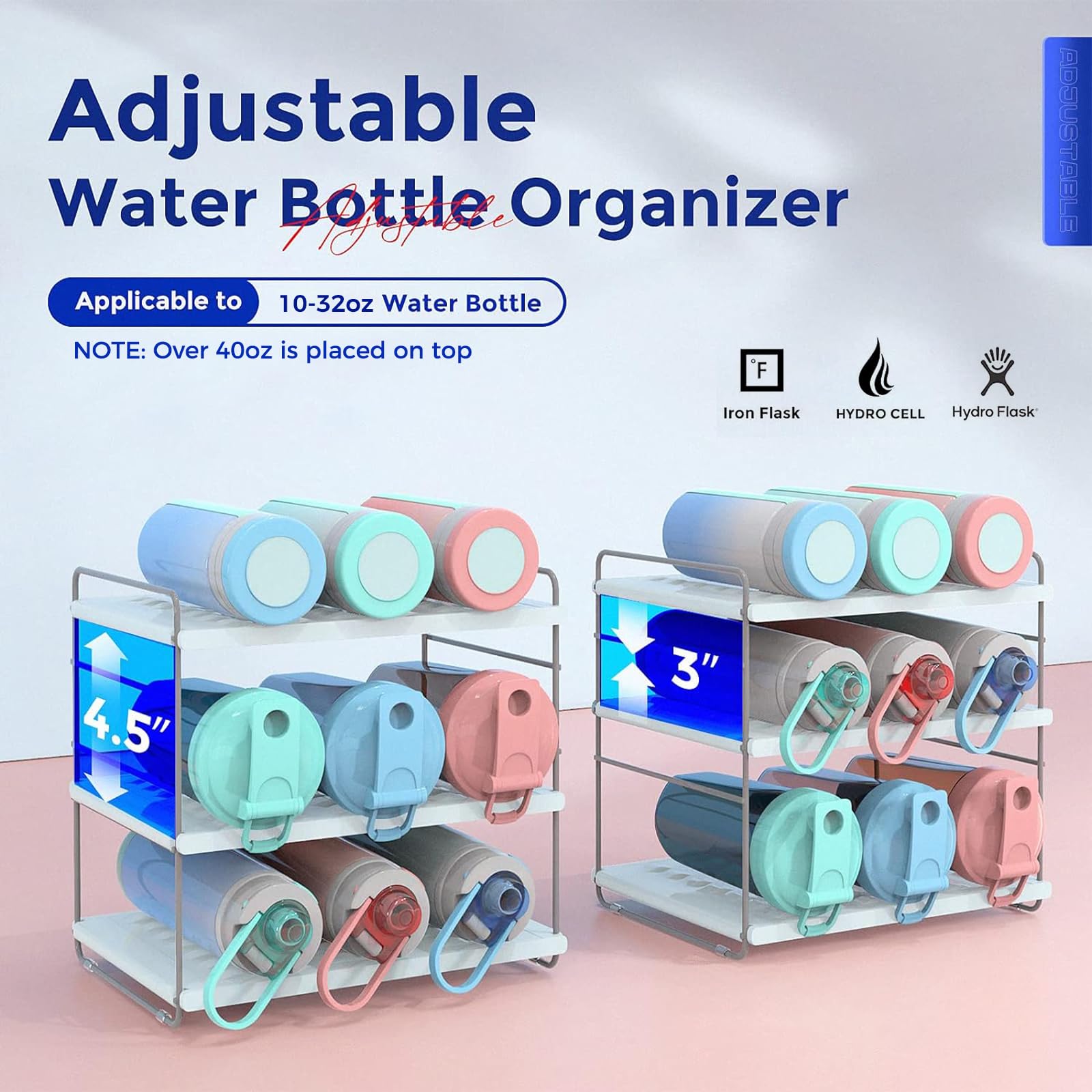 Water Bottle Organizer for Cabinet, 3-Shelf Expandable & Height Adjustable Storage Rack for Kitchen Cabinets Pantry, Tumbler Organizer for Cups with Straws, Holds 15 Bottles (Powder Blue)