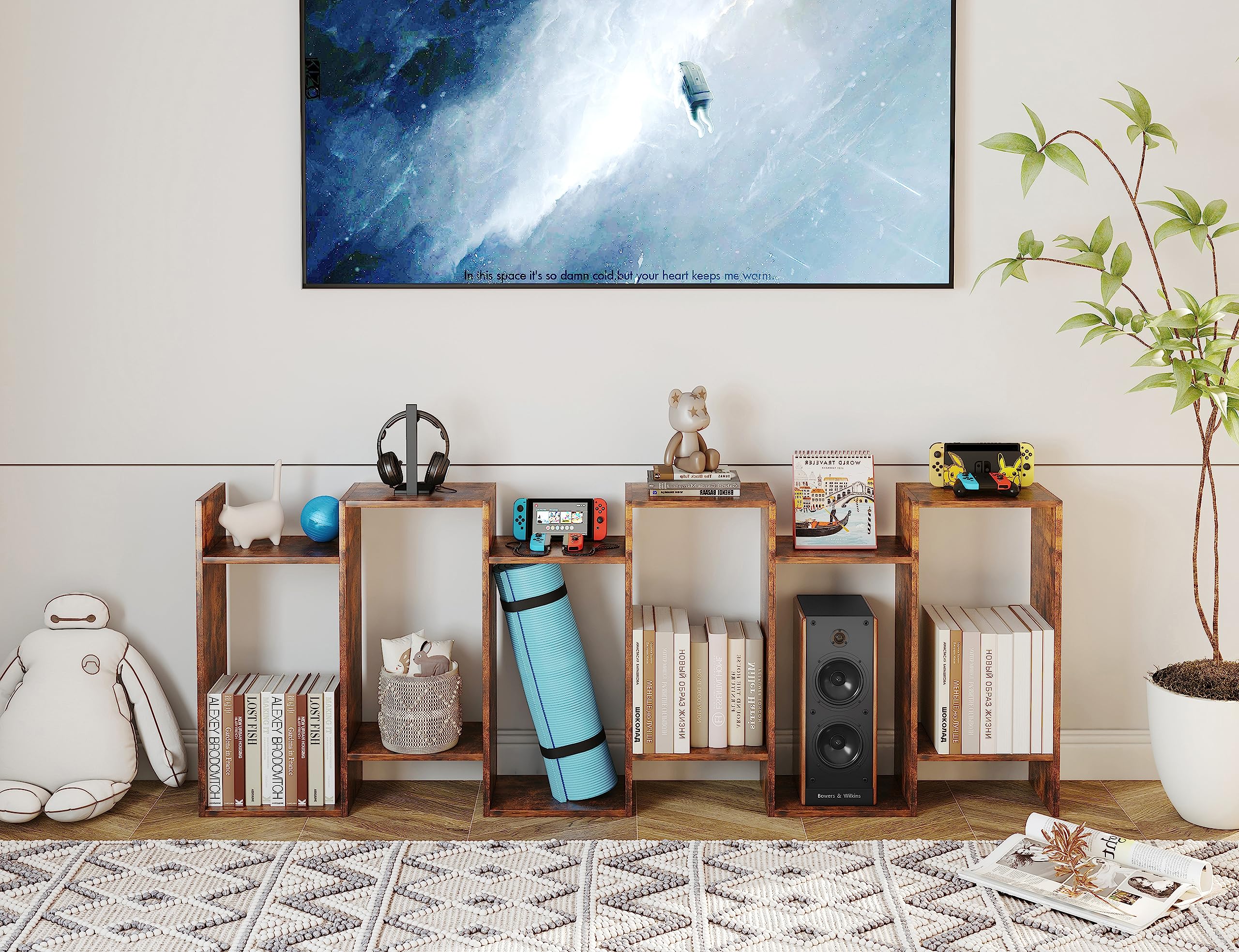 Yusong Geometric Bookcase, Bookshelf 6-Tier S Shaped Book Shelves for Bedroom, Modern Wood Decorative Display Shelf Tall Book Case for Home Office, Rustic Brown