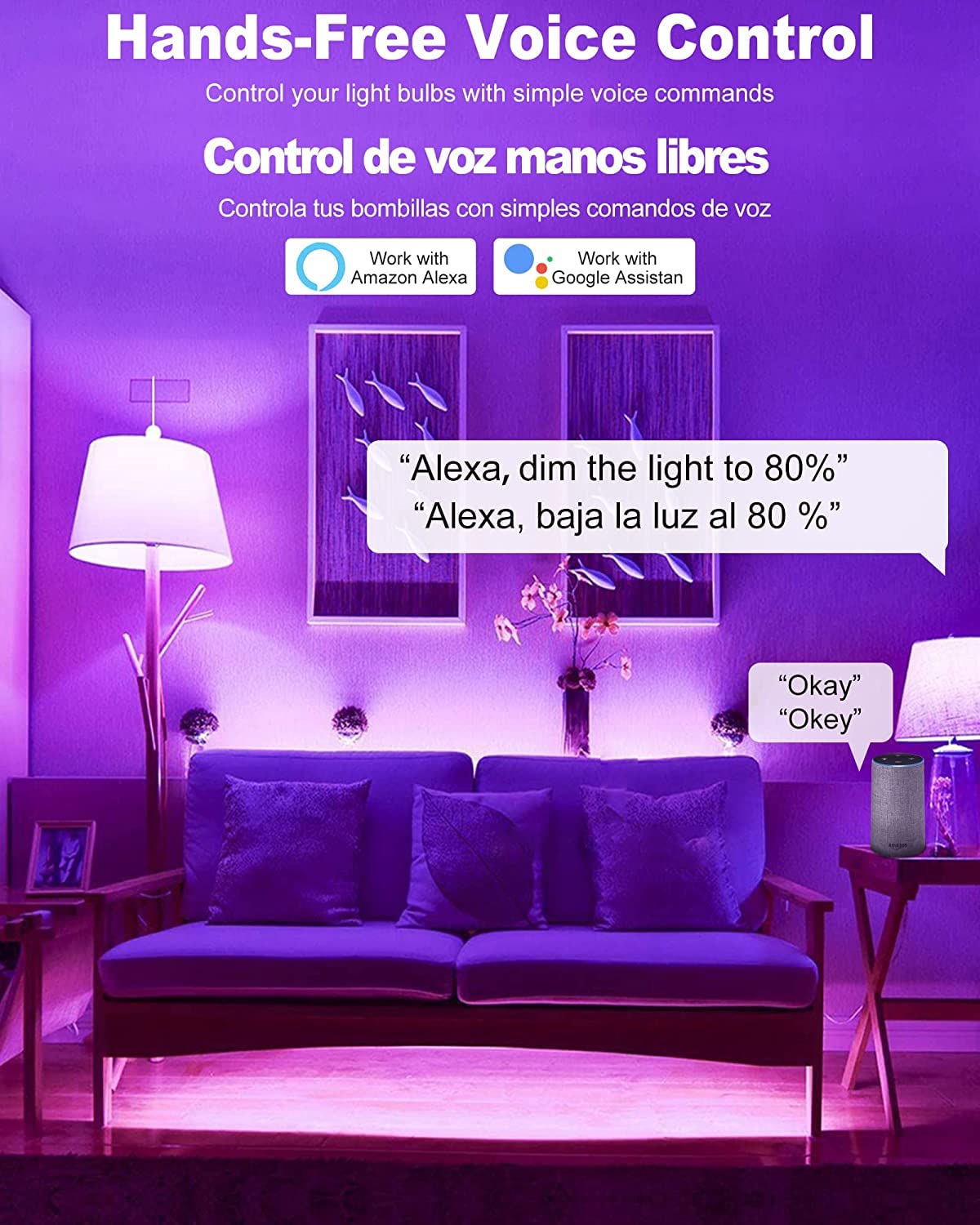 Smart Light Bulbs,Color Changing Light Bulbs That Work with Alexa and Google Assistant,2.4GHz WiFi & Bluetooth Music Sync Multicolor LED Bulbs,7W(60W Eqv.) E26 A19 for Smart Home Lighting-4PACK