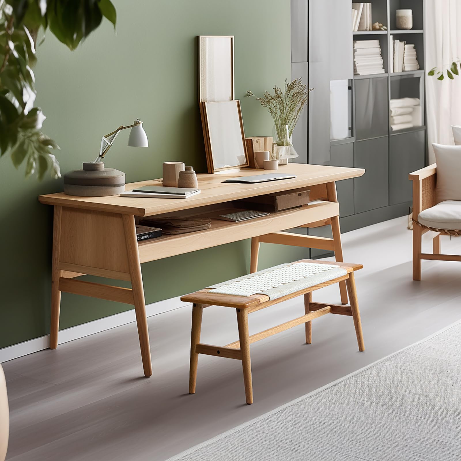 Vadisun 100% Solid Oak Wood Bench,Hand Woven Chair Surface Design,Solid Structure of Chair Legs,Bedroom Bench/Entryway Bench/Dining Bench (Off-White,31.49β*11.81β*15.98β)
