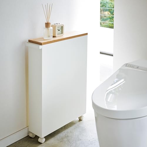 Yamazaki Home Rolling Slim Bathroom Utility Cart with Handle - Storage Shelf Narrow Organizer Rack Steel One Size White