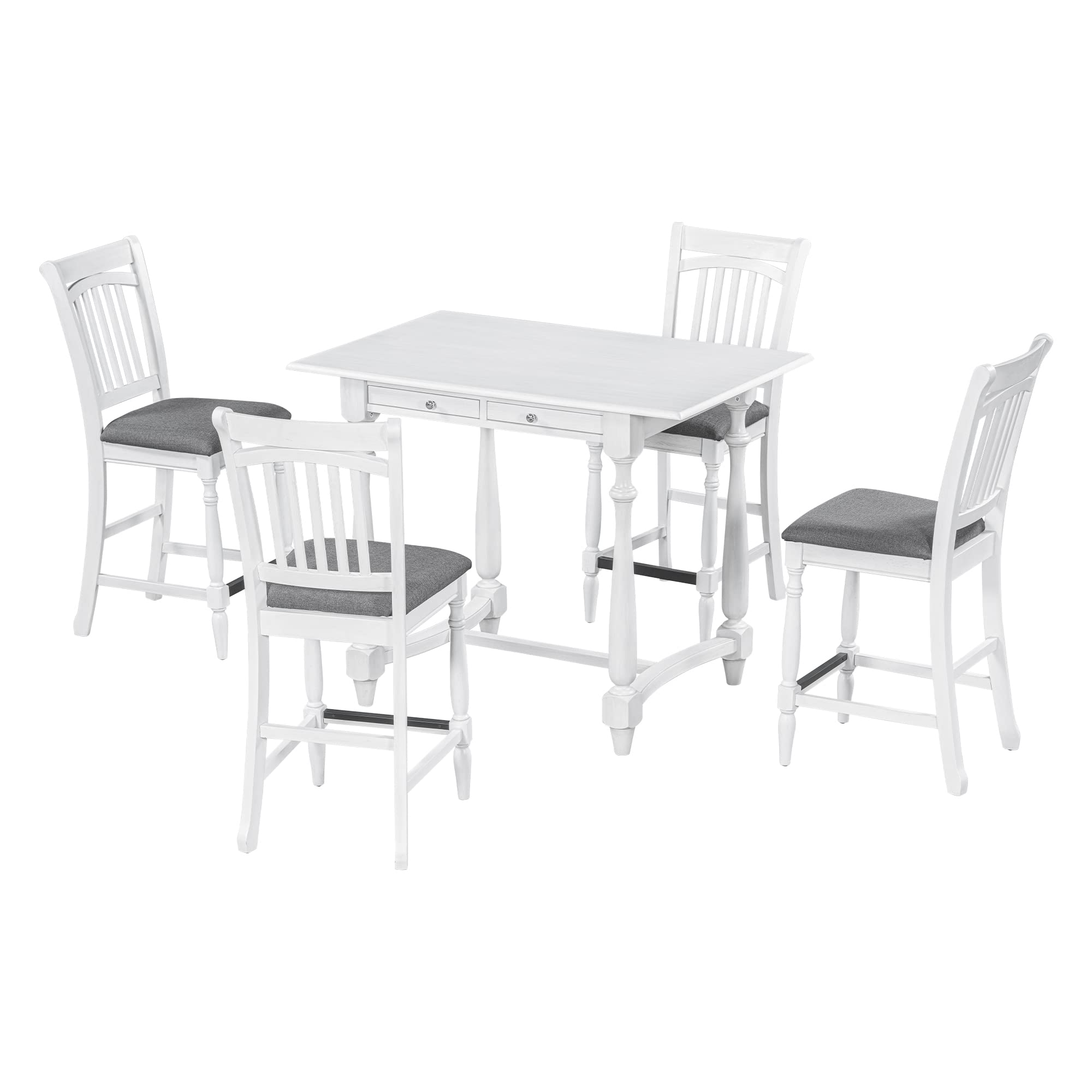 YuiHome Dining Table, Mid-Century Farmhouse 5-Piece Wood Counter Height Kitchen Furniture Set with Storage Drawers and 4 Upholstered Chairs,White, White2