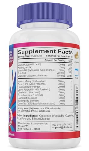 ULTALIFE Blood Pressure Supplements - Advanced Blood Pressure Supplement Complex - Hawthorn Berry, Hibiscus, Garlic, Forskolin - 14 Vitamins & Herbs, 30 Day Supply in Veggie Capsules