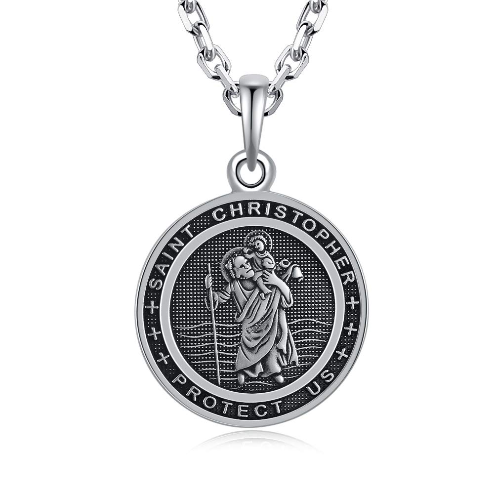 VENICEBEEĀ® Saint Christopher Protect Us Medal St. Christopher Protection Devotional Christian Amulet Solid 925 Sterling Silver Pendant Necklace + Velvet Pouch, Polishing Cloth, Fine Gift Box