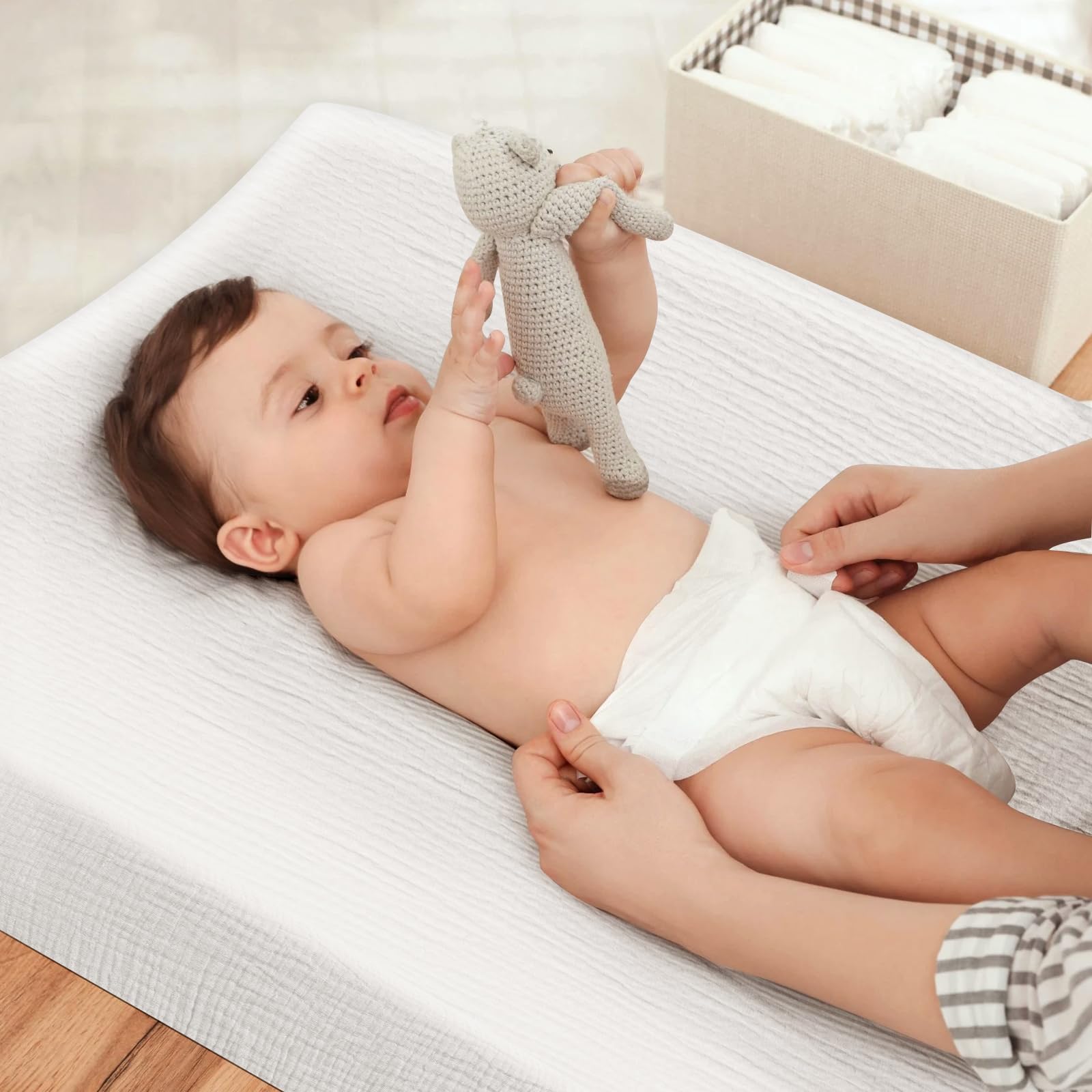 VYPERX Muslin Changing Pad Covers, Solid Color Changing Table Pad Cover, Ultra Soft Breathable Boho Changing Pad Sheets Fit for Standard Changing Pad 16" x 32", 3 Pack (White & Sand & Brown)