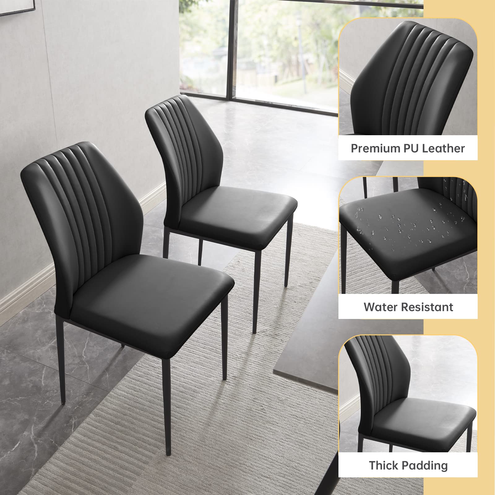 ZckyCine Modern Dining Table 5-Piece Kitchen Table Set for 4 People Rectangular Wood Dining Table with 4 upholstered Leather Chairs (47.2 inches Table + 4 Blak Chairs)