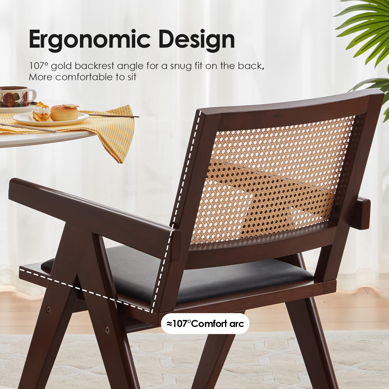 STARY Mid Century Modern Leather Rattan Dining Room Chair, 1 Pcs, Black-1