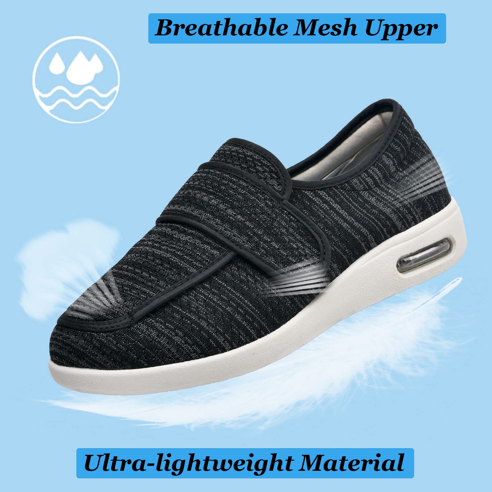W&LESVAGO Women's Diabetic Shoes with Adjustable Closures, Breathable Lightweight Comfortable No-Slip Wide Width Walking Sneakers for Edema Swollen Feet(10.5#, BKGY)