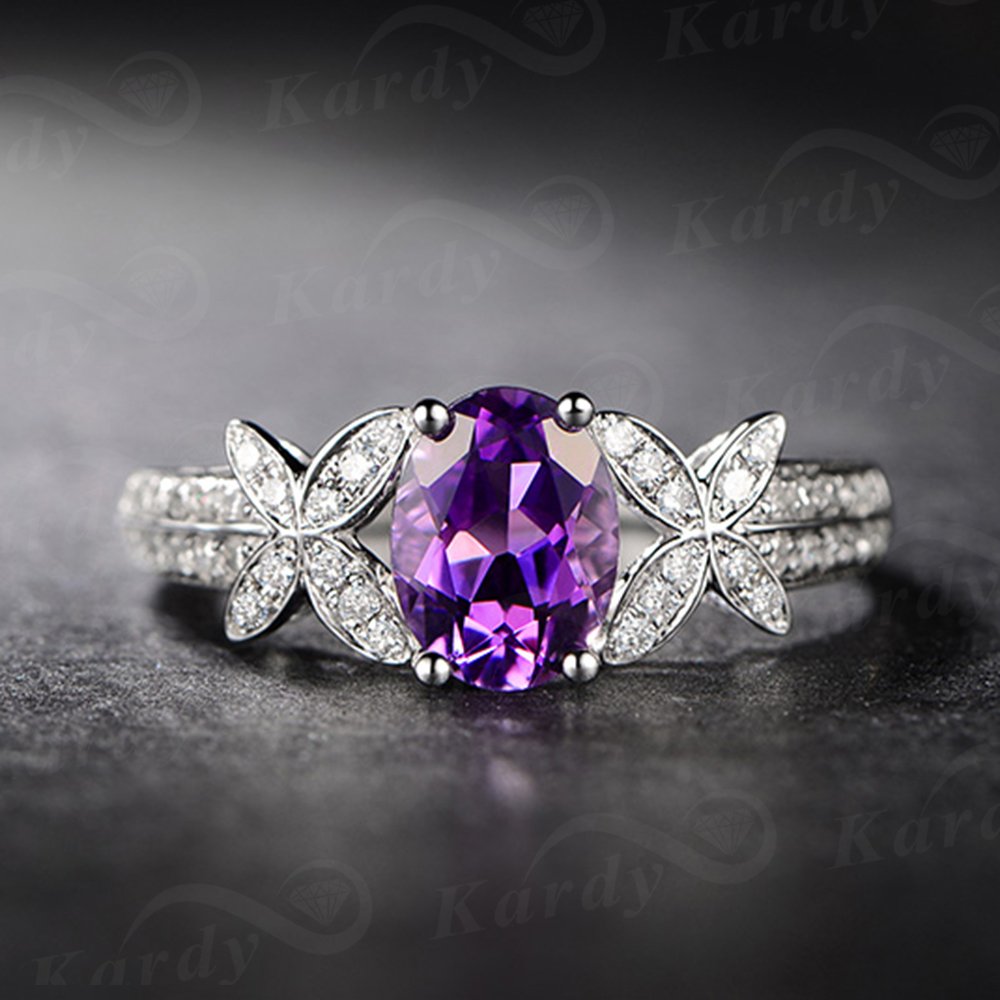 Unique Fashion 1.5ct Brazilian Amethyst Gemstone Real Diamond 14K White Gold Engagement Wedding Promise Ring for Women