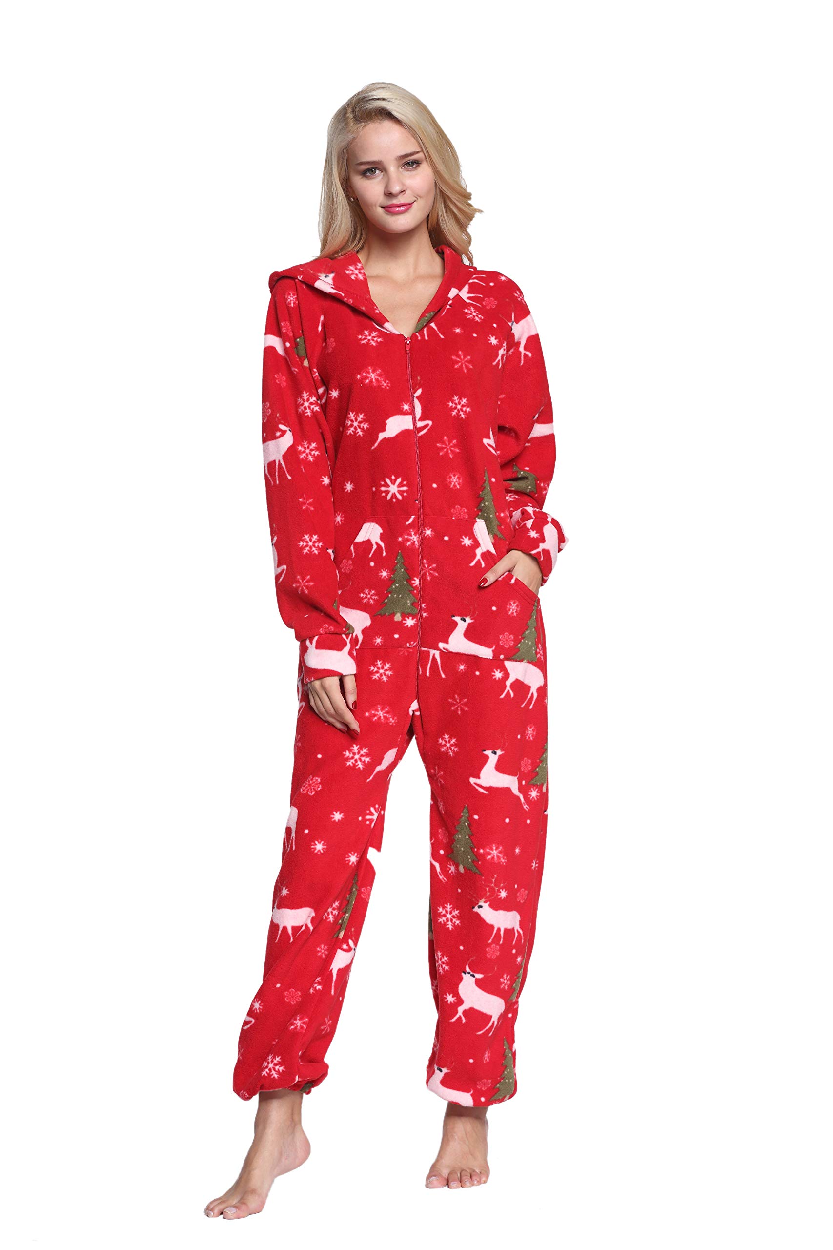 XMASCOMING Women's & Men's Hooded Fleece Onesie Pajamas Brown Size US XL