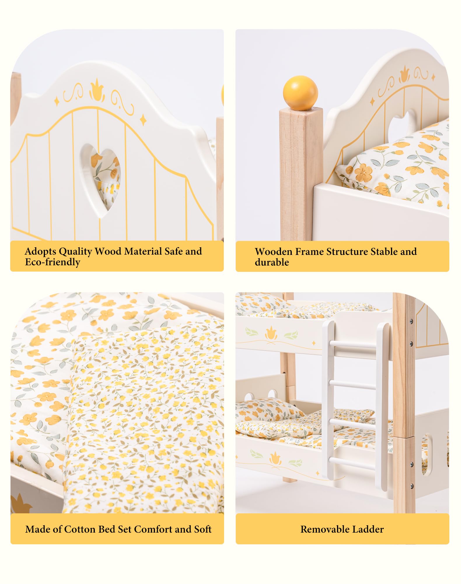 ROBOTIME Baby Doll Bunk Beds, Baby Doll Crib for 18 inch Dolls, Wooden Doll Bed Toy with Doll Bedding