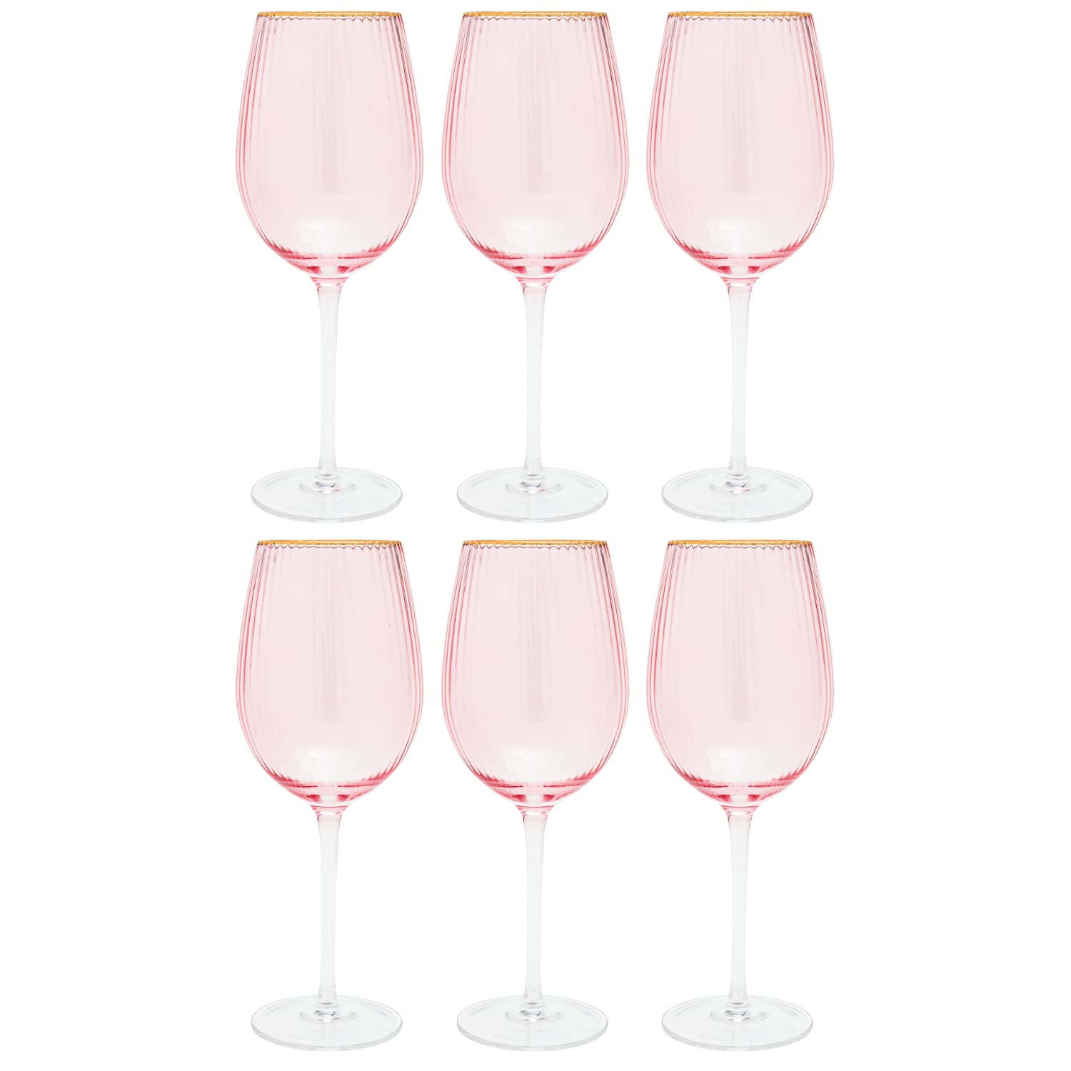 Vikko Décor Wine Glasses, Set of 6 Peach Blown Glass with Gold Rim, 14 Ounce Fancy Wine Glasses With Stem for Red and White Wine, Dishwasher Safe Goblets, Decorative Wine Glasses