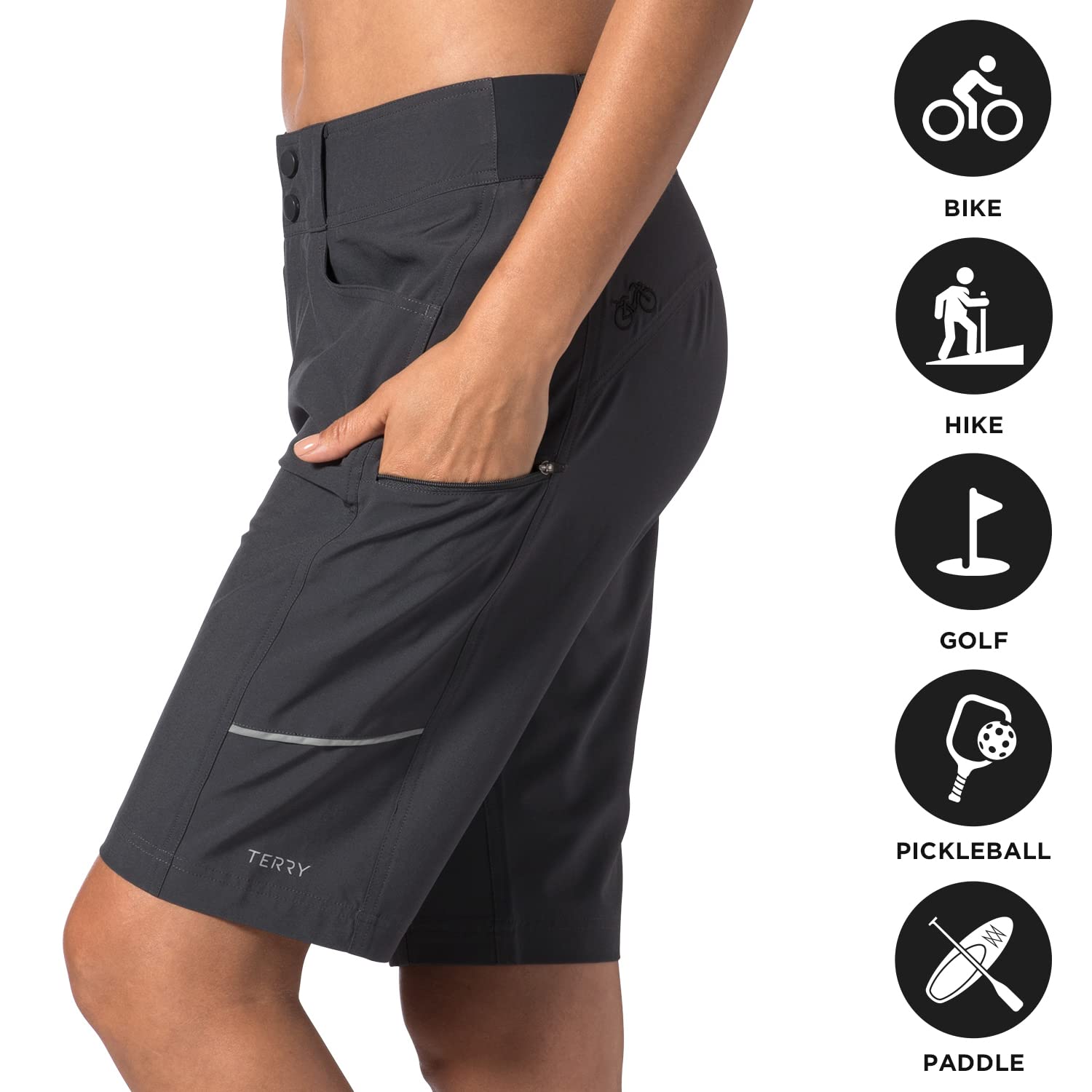Terry Metro Short Lite - Womens Mountain Bike Cycling Short W/Removable Padded Liner - 11.5 Inch Inseam - Ebony, Large