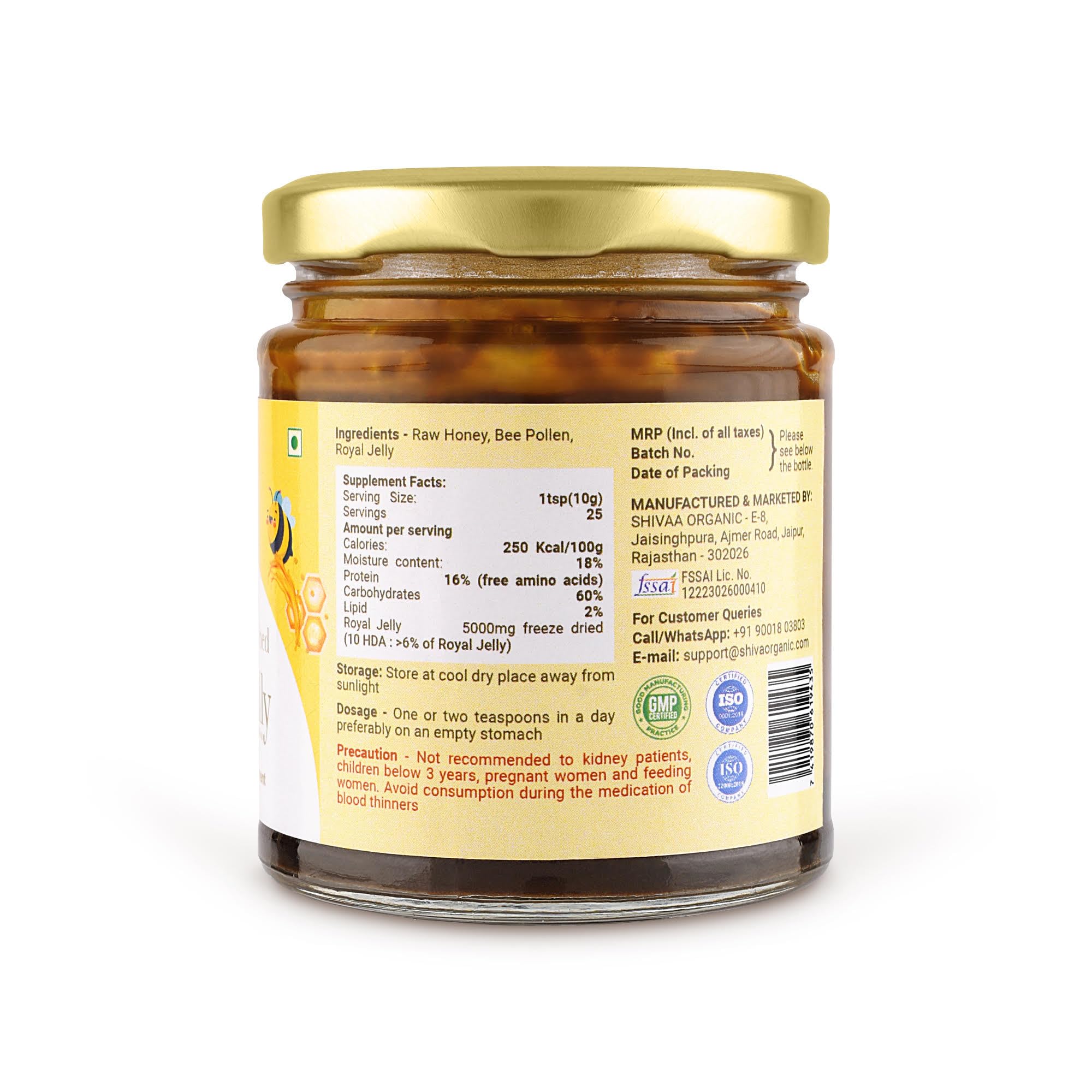 Shiva Organic Honey with Bee Pollen Enriched 2% Royal Jelly (250g) - Premium Organic Source - Unaltered Raw Honey with Royal Jelly Infusion for Holistic Wellness
