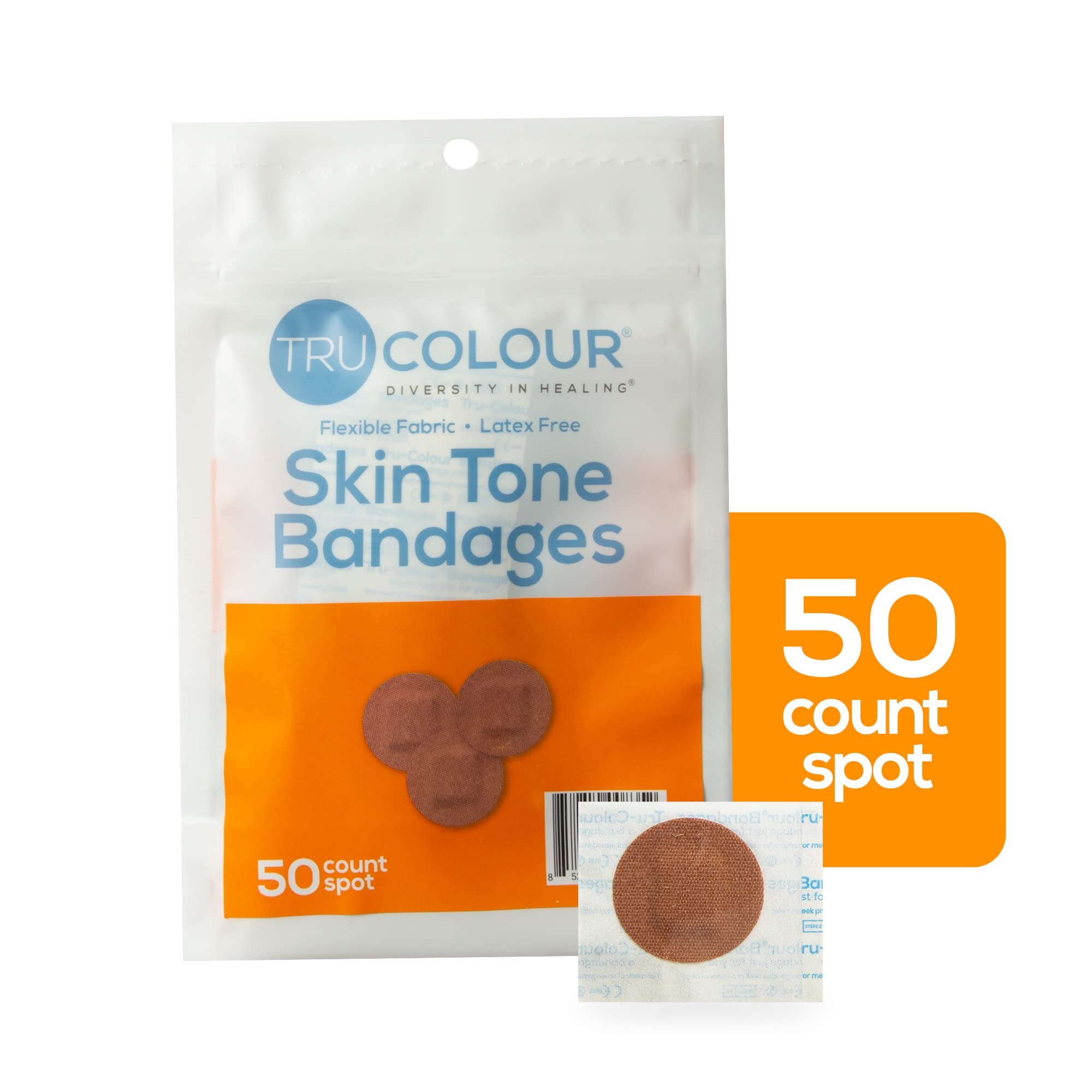 Tru Colour - Spot Bandages, Flexible Fabric Adhesive Bandages, Brown Skin Tone Shade, Orange Bag, 50 Count