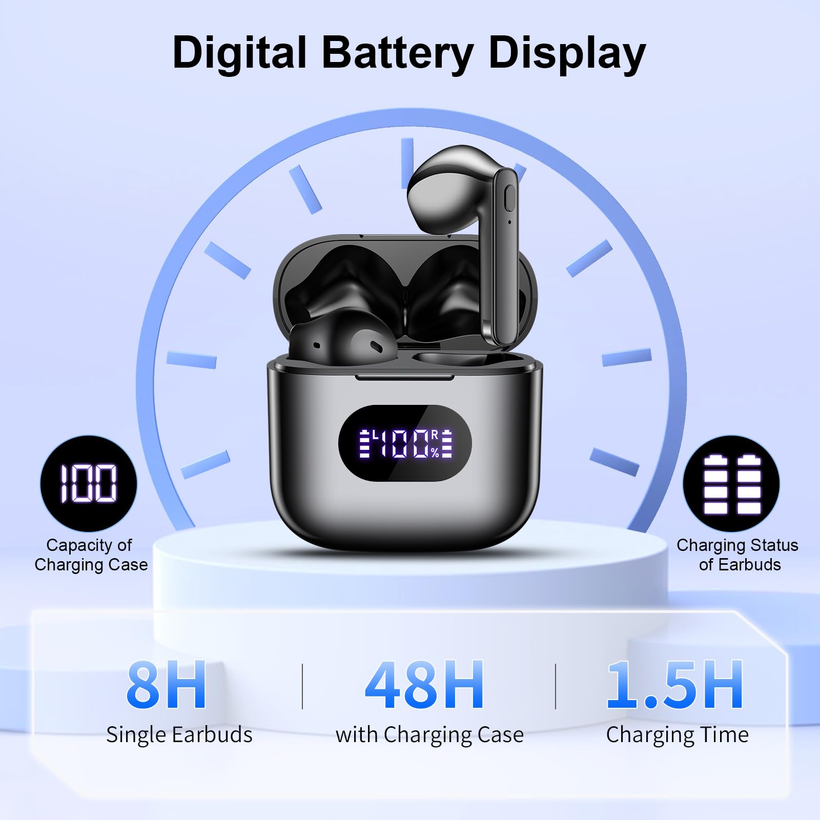 Wireless Earbuds, V5.3 Bluetooth Ear buds 48H Playtime LED Battery Display Wireless Headphones HiFi Stereo Deep Bass & HD Calling Bluetooth Earphones IPX7 Waterproof Ear Buds for Workout/Office/Home