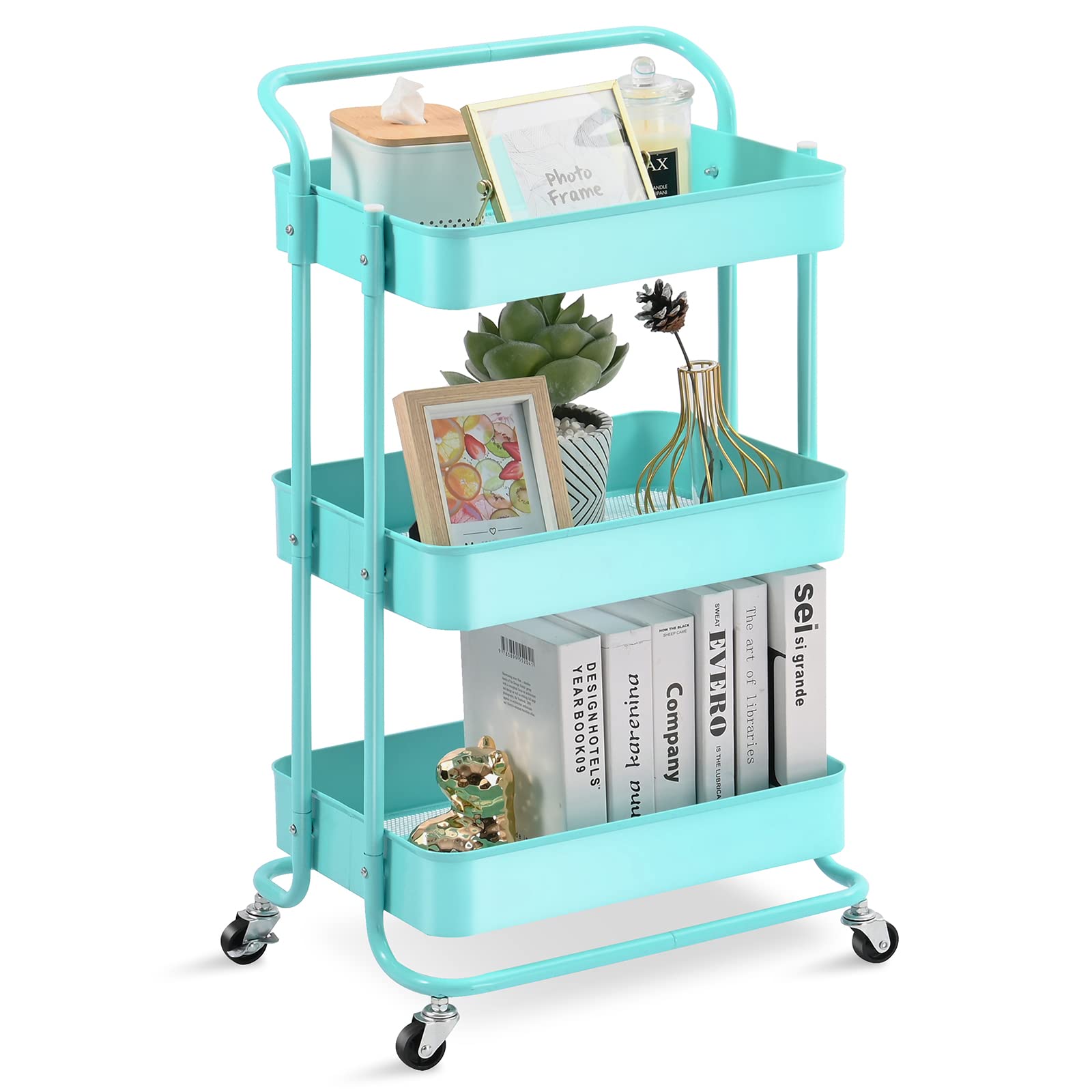 TOOLF 3 Tier Metal Rolling Cart, Utility Cart with Handle, Multifunction Storage Cart with Lockable Wheels, Serving Organizer Trolley with Mesh Basket for Kitchen, Bathroom, Office Turquoise