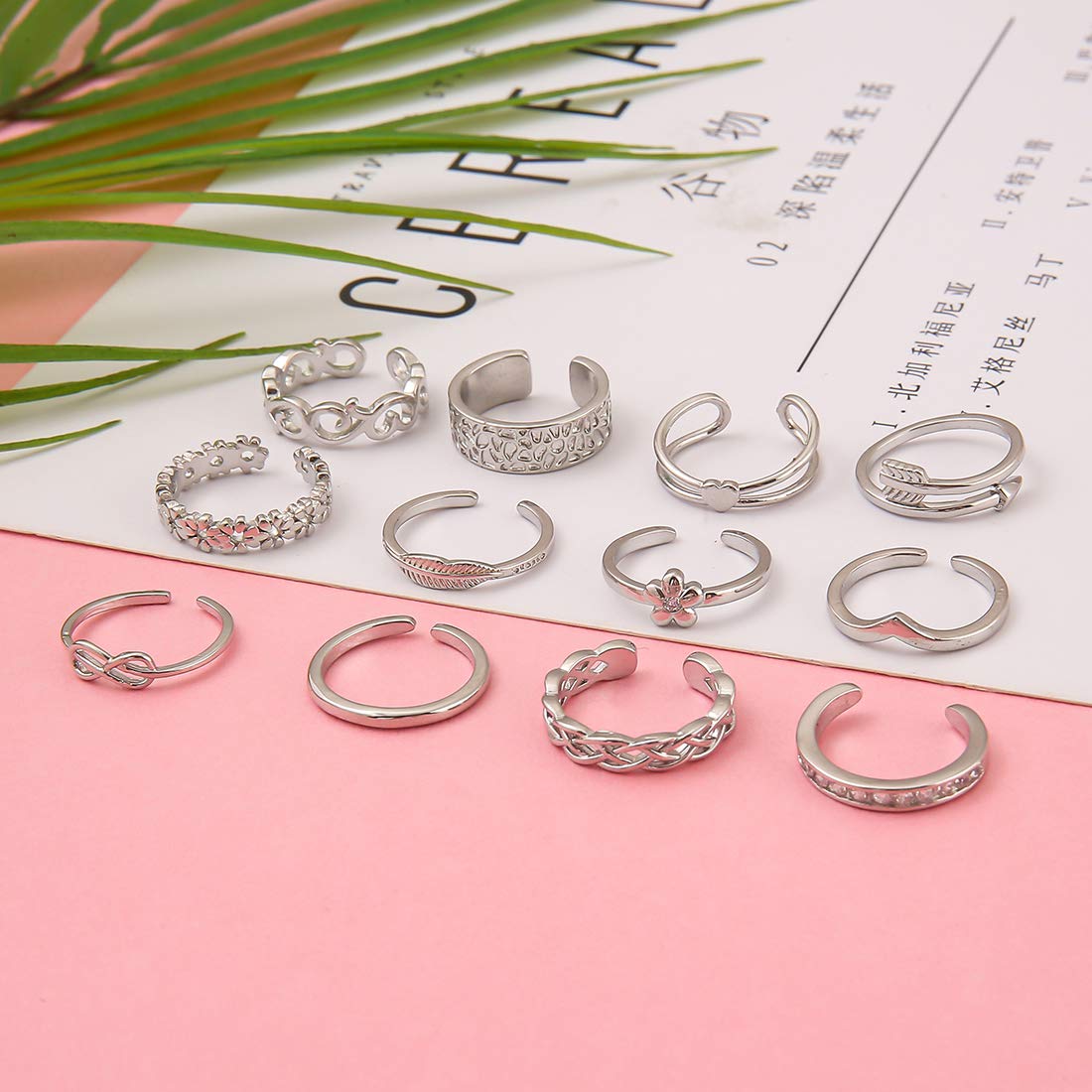 WFYOU 12PCS Adjustable Toe Rings for Women Silver Rose Gold Open Toe Ring Set Beach Foot Jewelry Tail Ring
