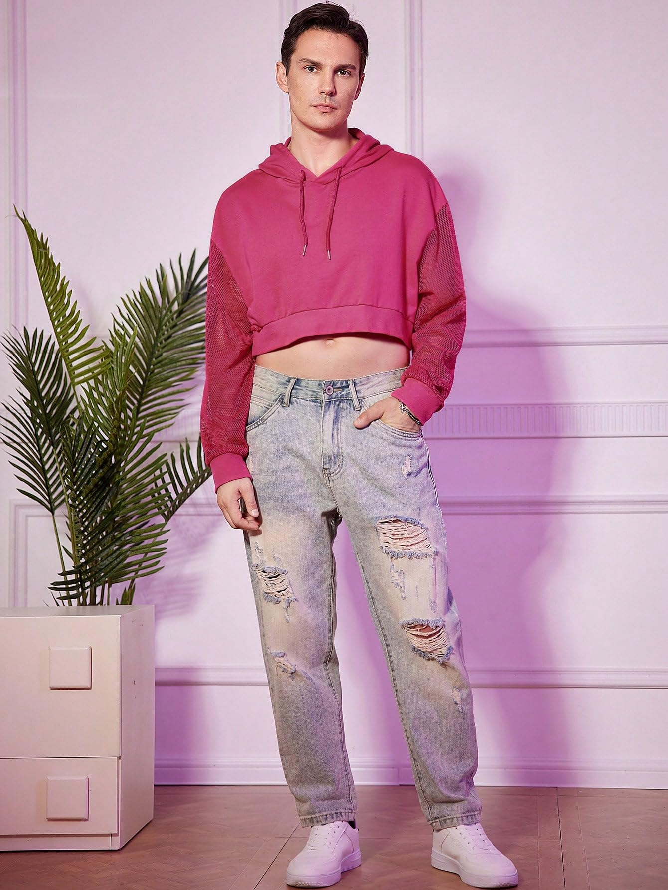 WDIRARA Men's Drawstring Mesh Long Sleeve Hoodie Sweatshirt Pullover Crop Top Hot Pink S