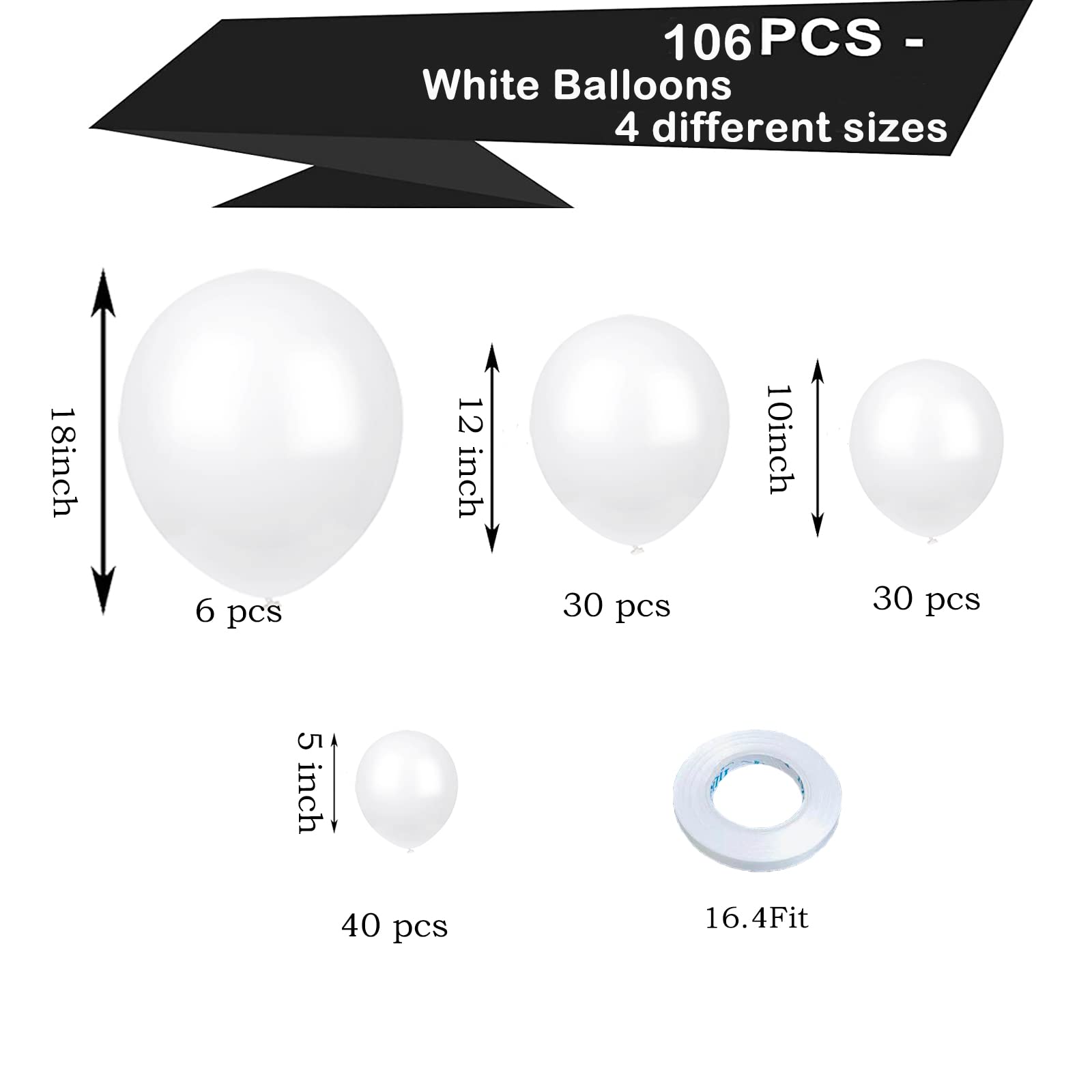 White Balloons,106pcs White Balloon Garland Arch Kit with 18+12+10+5 inch Different Sizes Latex Balloons for Birthday Wedding Baby Shower.