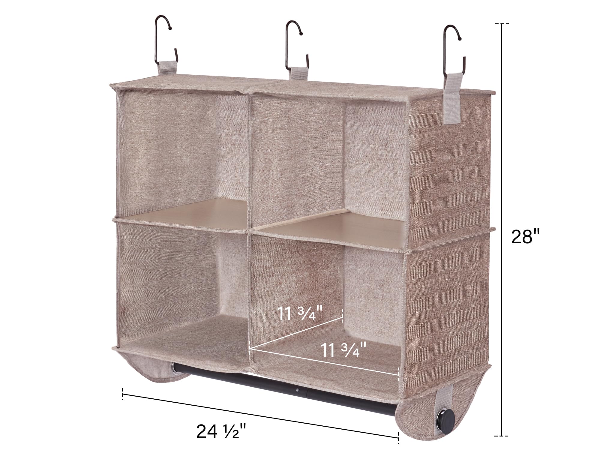 StorageWorks Hanging Closet Organizer with Garment Rod, 4 Section Closet Hanging Shelves, Hanging Clothes Cube Organizer, Mixing of Brown & Beige, 12 ¼" D x 24 ½" W x 28" H