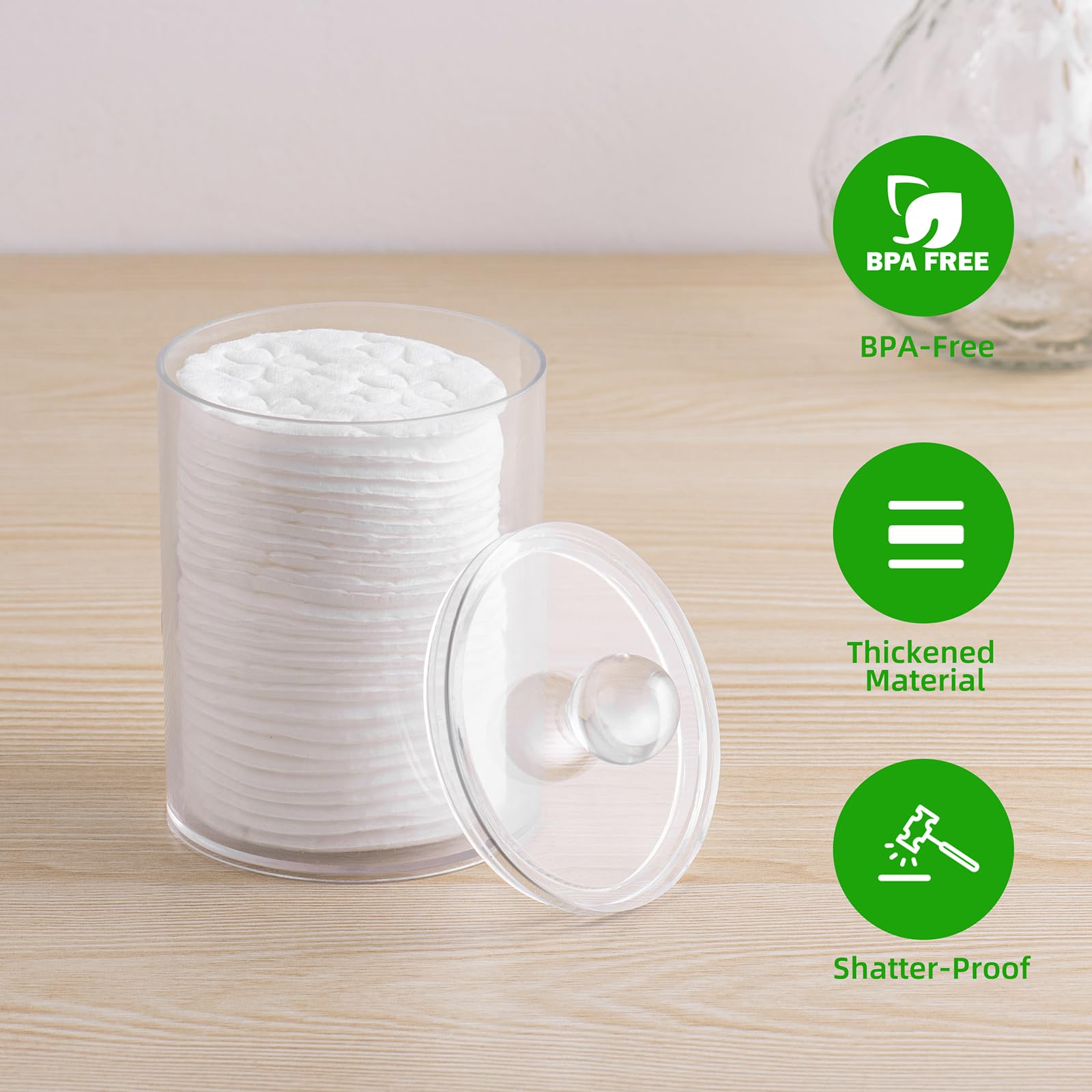 XIPENGKEJI 4 Pack Qtip Holder, Apothecary Jars Cotton Ball Holder Dispenser, Bathroom Jars with Lids Set for Cotton Round, Cotton Swab, 10oz Plastic Canisters Restroom Bedroom Vanity Organizer (Clear)